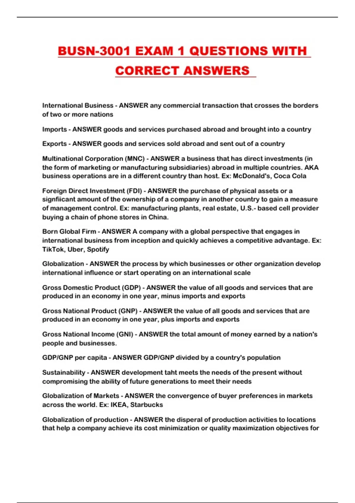 BUSN-3001 EXAM 1 QUESTIONS WITH CORRECT ANSWERS - BUSN-3001 - Stuvia US