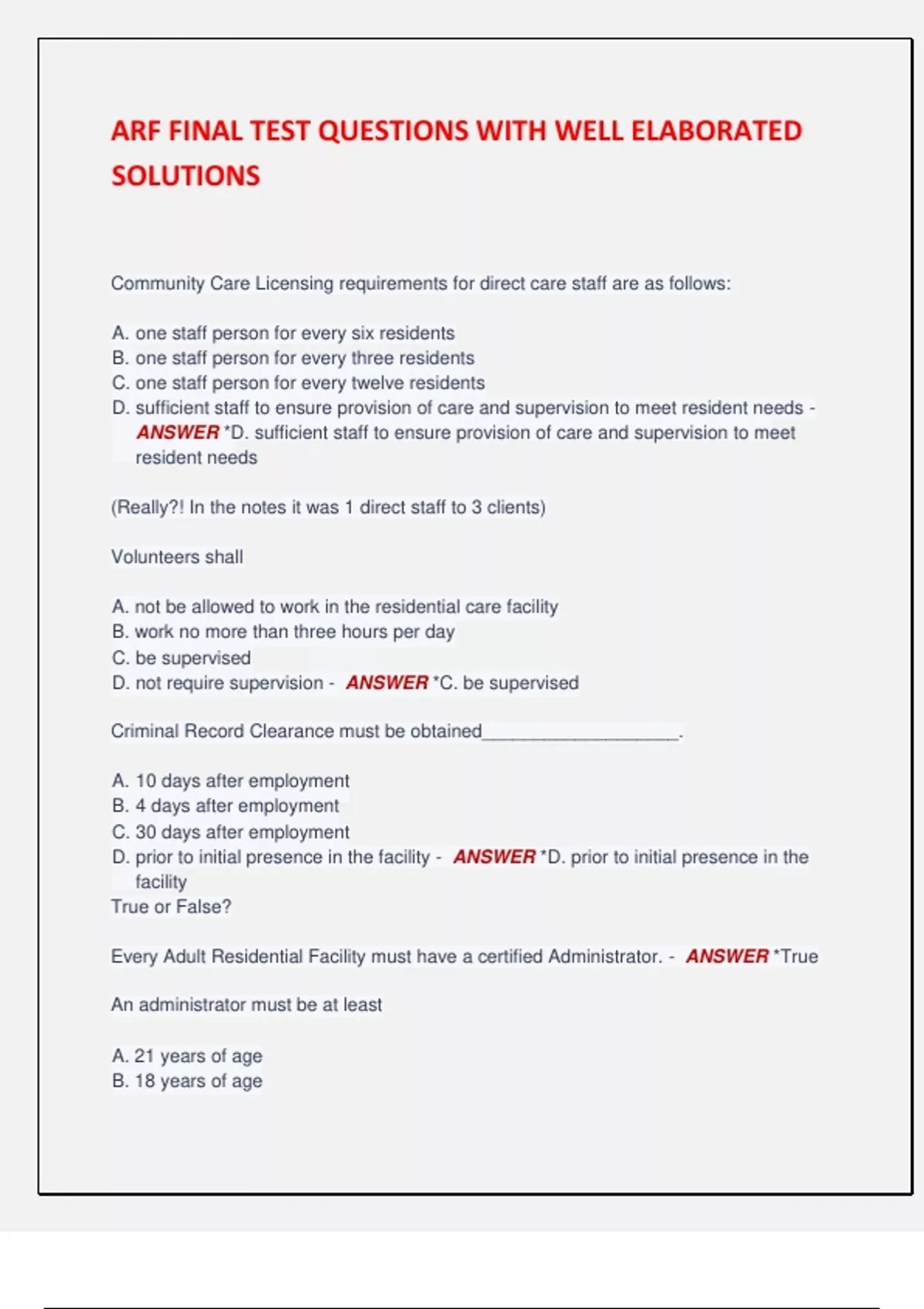 ARF FINAL TEST QUESTIONS WITH WELL ELABORATED SOLUTIONS - ARF - Stuvia US