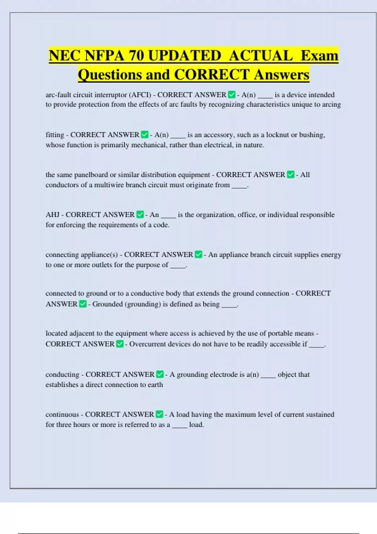 NFPA 70 Bundled Exam Questions WITH CORRECT Answers - Stuvia US