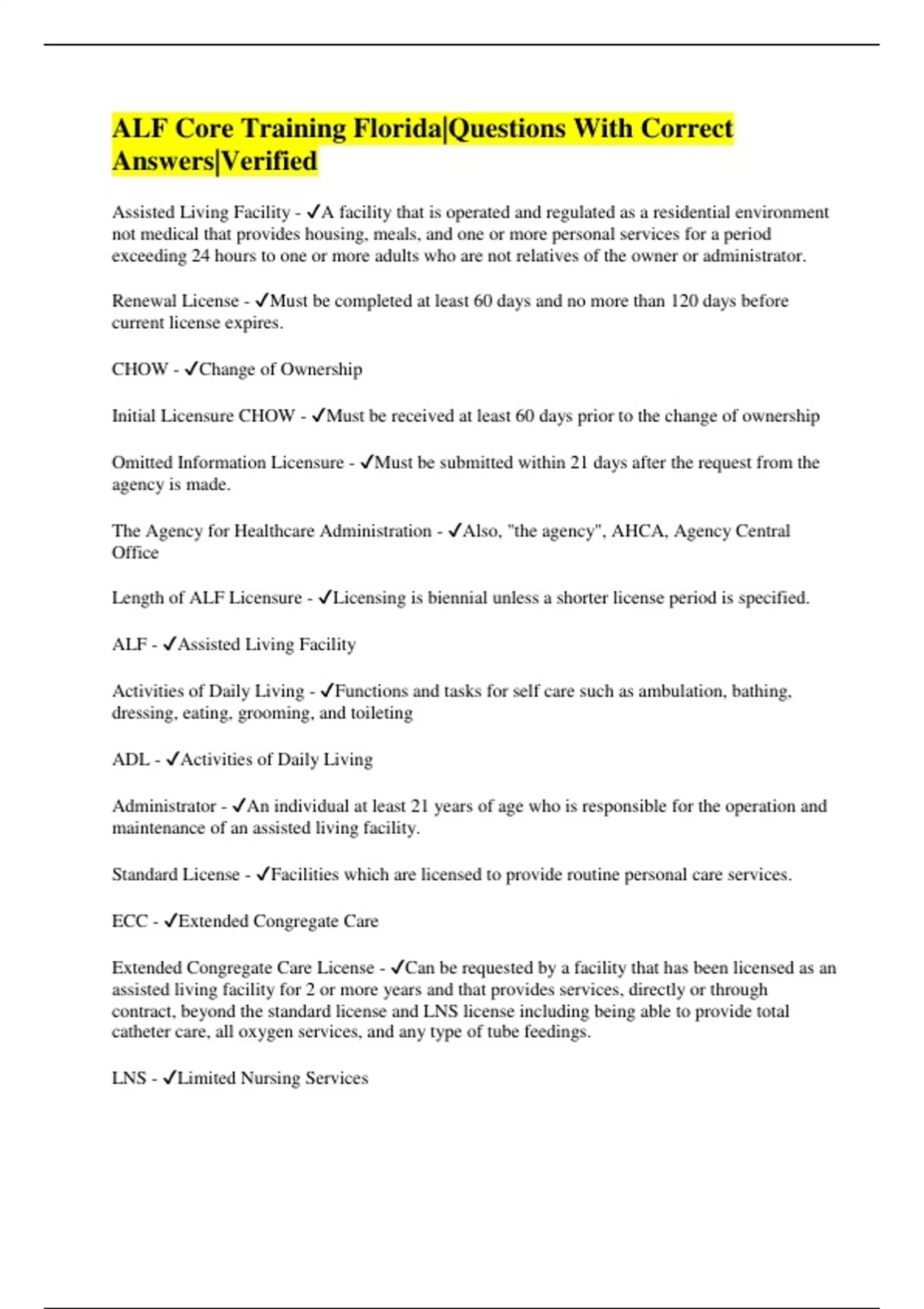 ALF Core Training Florida|Questions With Correct Answers|Verified - ALF ...