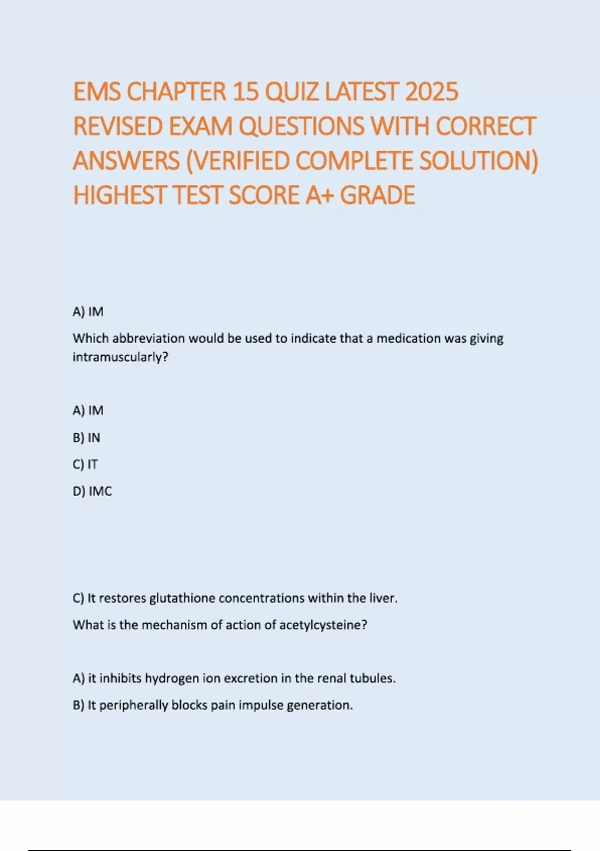 EMS CHAPTER 15 QUIZ LATEST 2025 REVISED EXAM QUESTIONS WITH CORRECT ...
