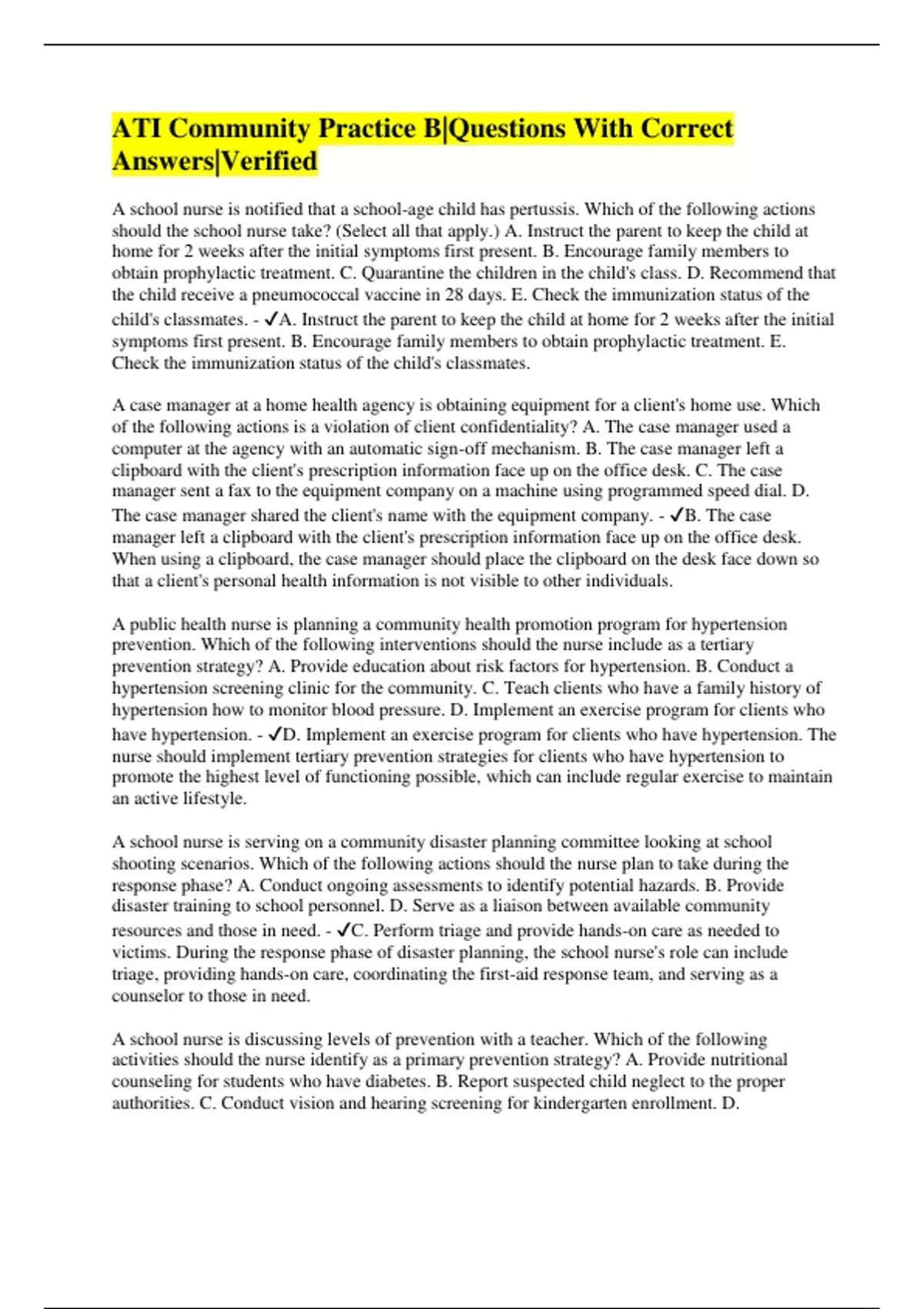 ATI Community Practice B|Questions With Correct Answers|Verified - ATI ...