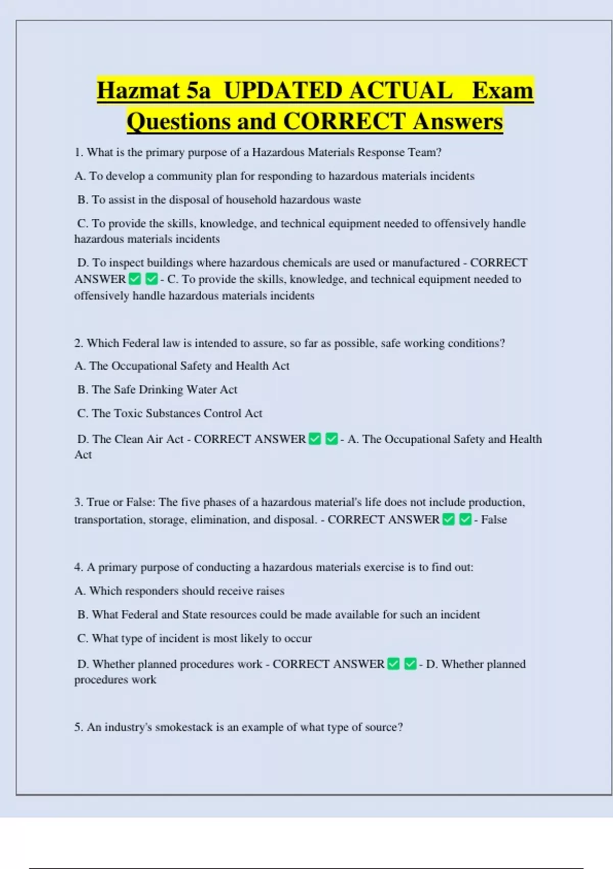 Hazmat 5a UPDATED ACTUAL Exam Questions and CORRECT Answers - Hazmat ...