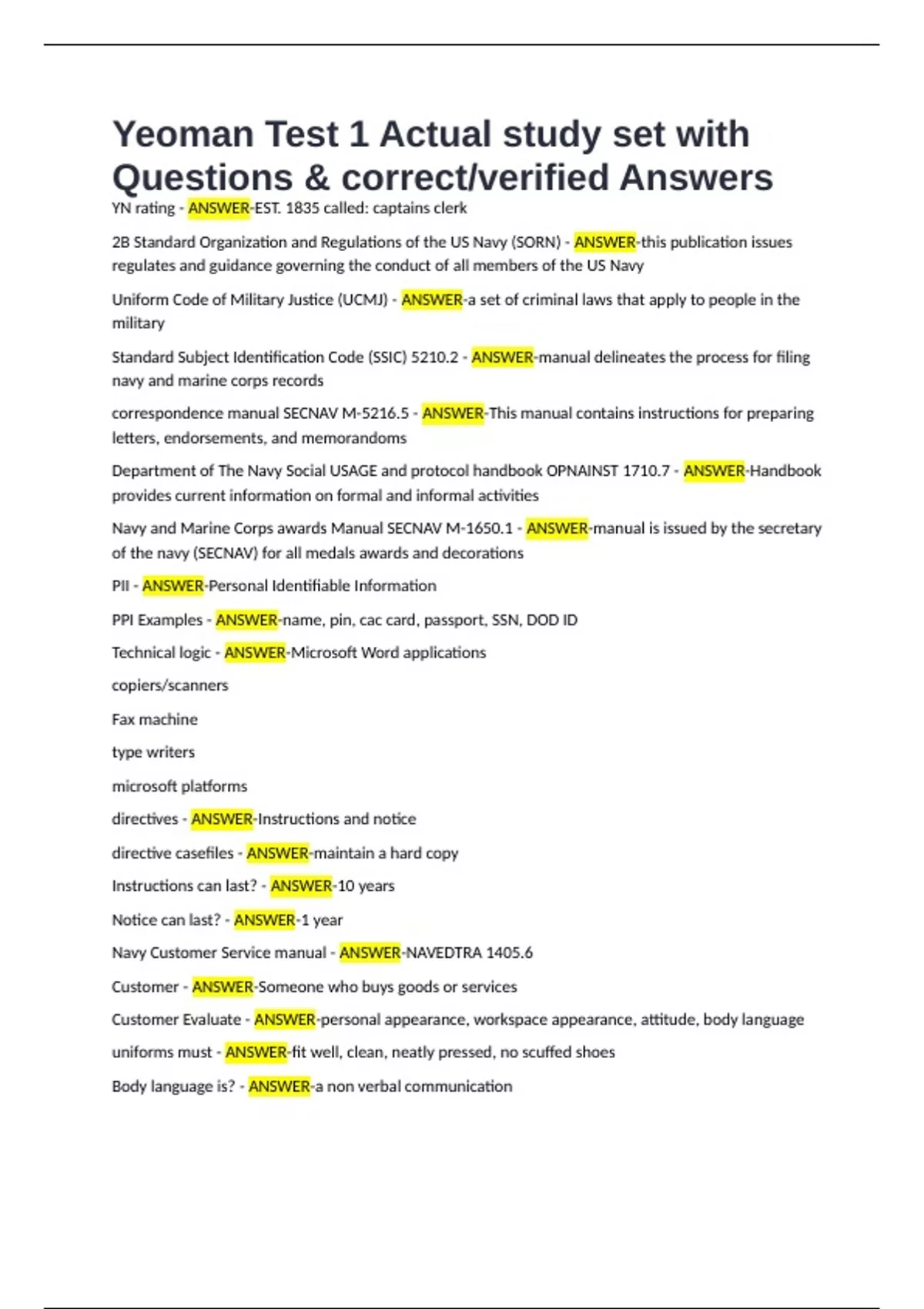 Yeoman Test 1 Actual study set with Questions & correct/verified ...