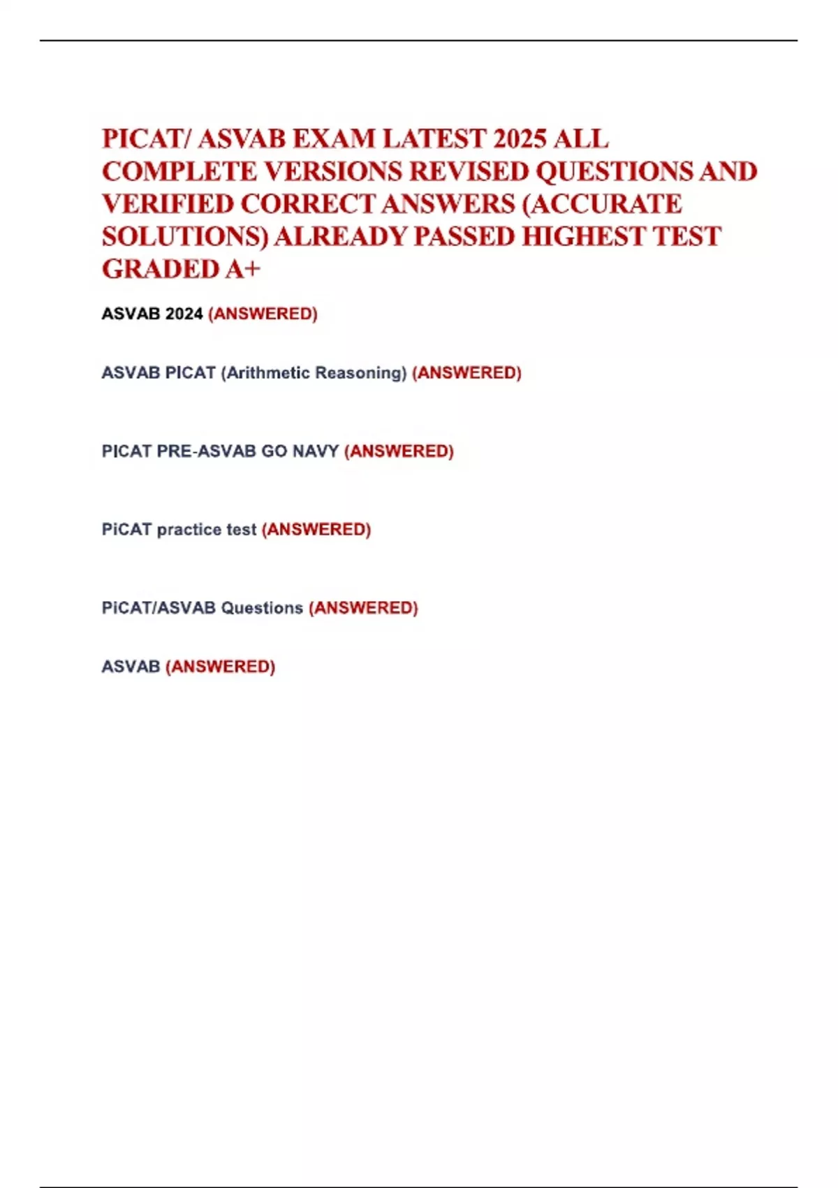 PICAT/ ASVAB EXAM LATEST 2025 ALL COMPLETE VERSIONS REVISED QUESTIONS ...