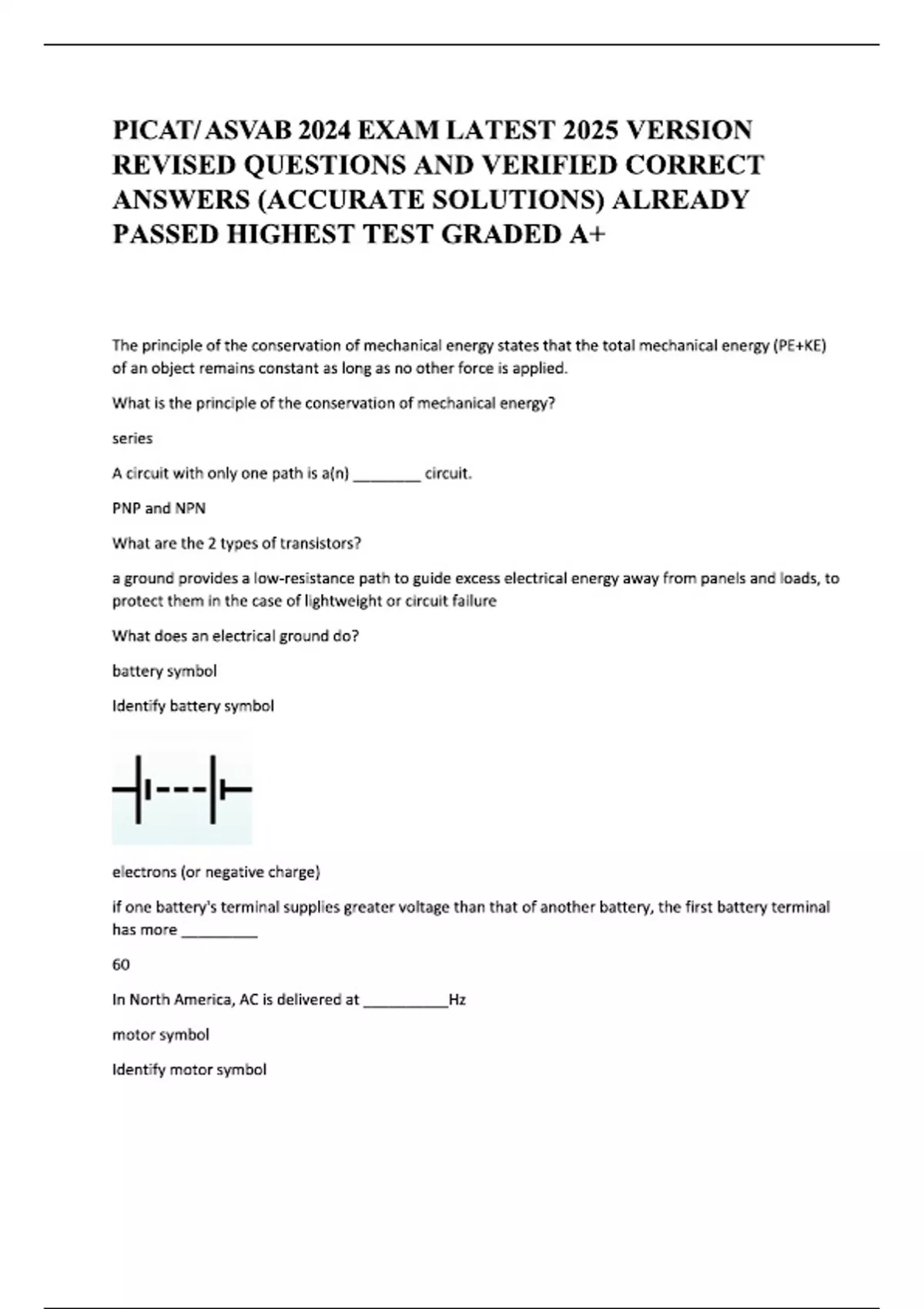 PICAT/ ASVAB 2024 EXAM LATEST 2025 VERSION REVISED QUESTIONS AND ...