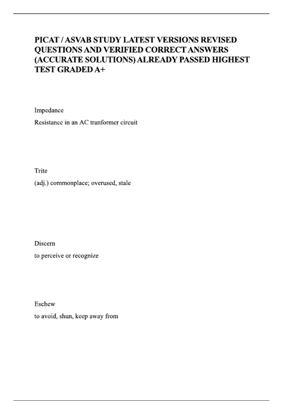 PICAT/ ASVAB STUDY LATEST VERSIONS REVISED QUESTIONS AND VERIFIED ...