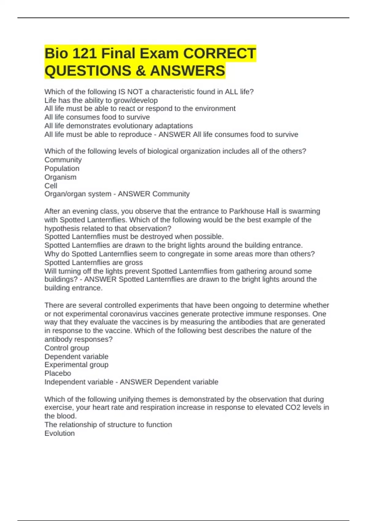 Bio 121 Final Exam Correct Questions Answers Bio 121 Stuvia Us