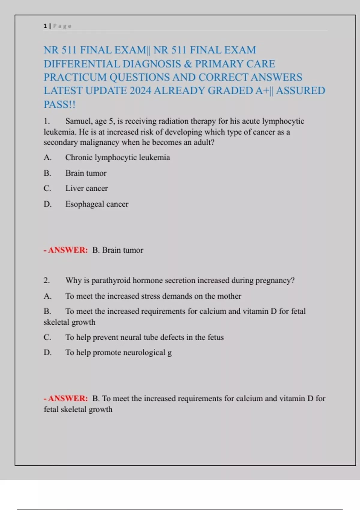 NR 511 FINAL EXAM|| NR 511 FINAL EXAM DIFFERENTIAL DIAGNOSIS & PRIMARY CARE PRACTICUM QUESTIONS ...