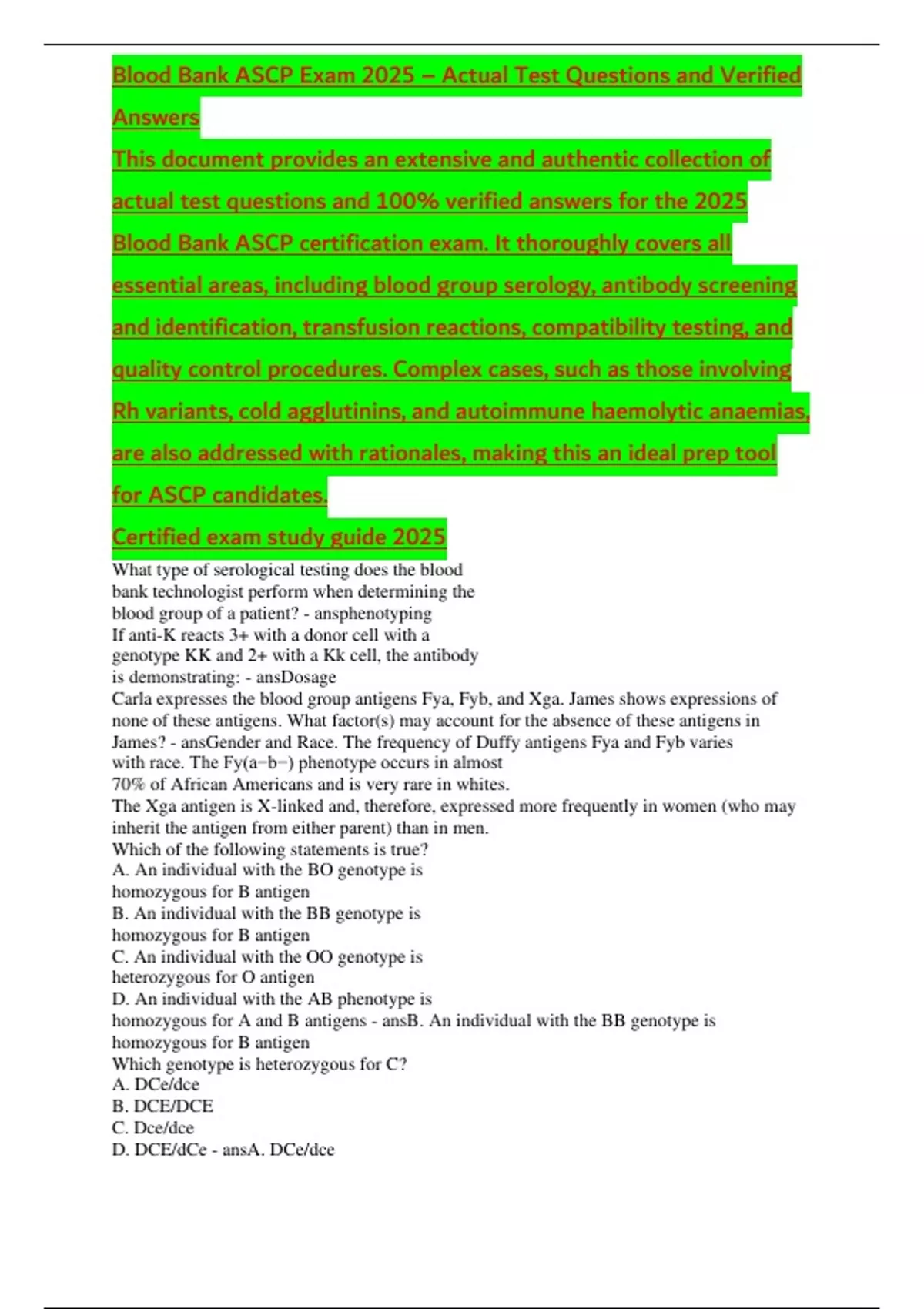 Blood Bank ASCP Exam 2025 – Actual Test Questions and Verified Answers ...