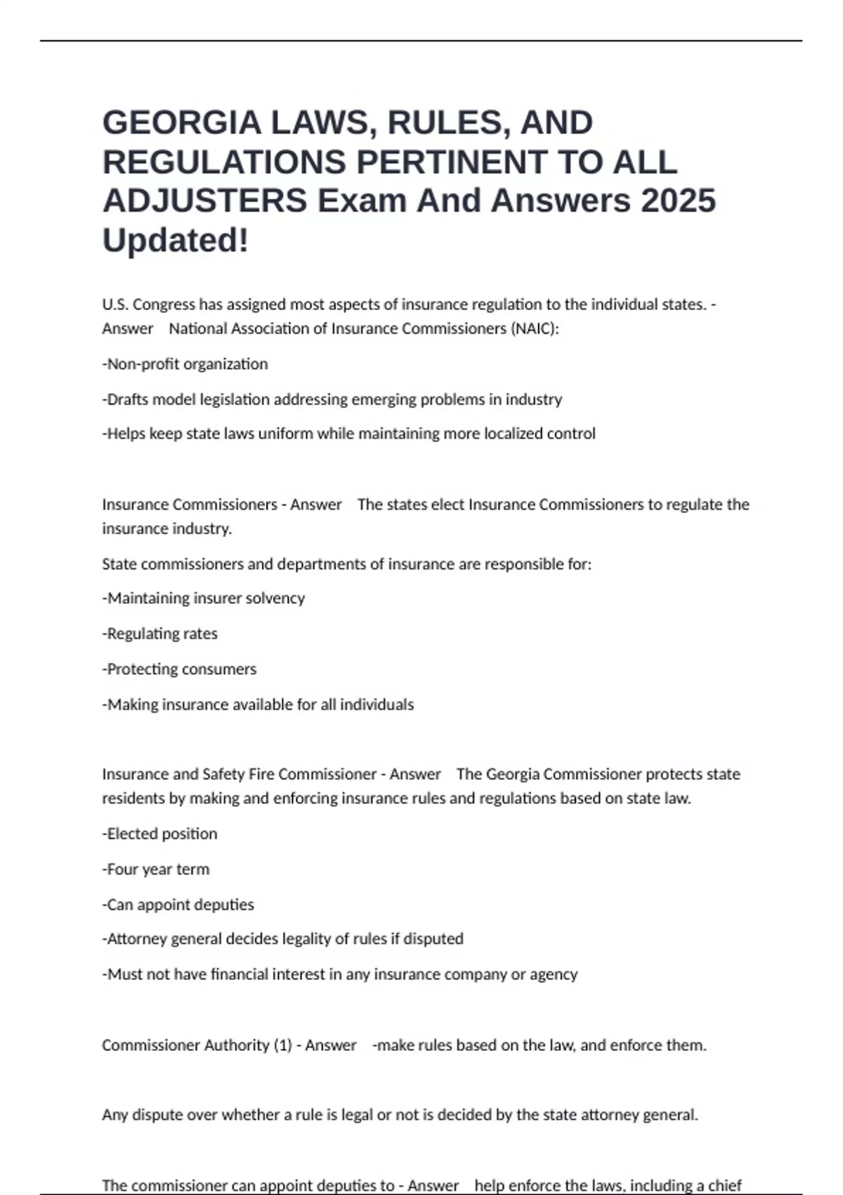 GEORGIA LAWS, RULES, AND REGULATIONS PERTINENT TO ALL ADJUSTERS Exam ...