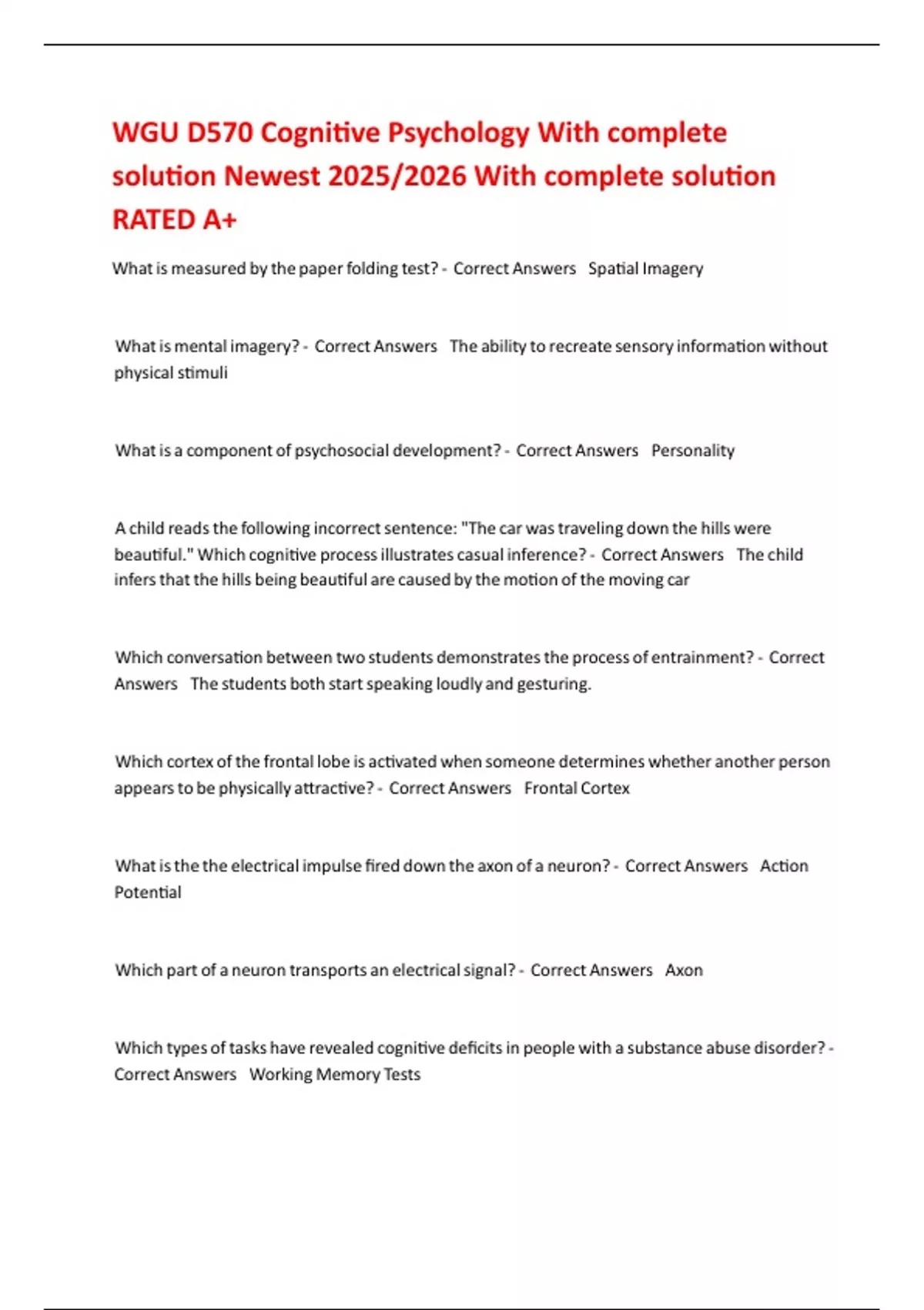 WGU D570 Cognitive Psychology With complete solution Newest 2025/2026 ...