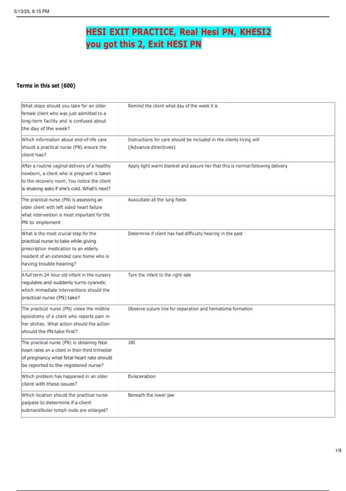 Exit HESI PN Flashcards – Real Practice Questions and Answers | Quizlet ...