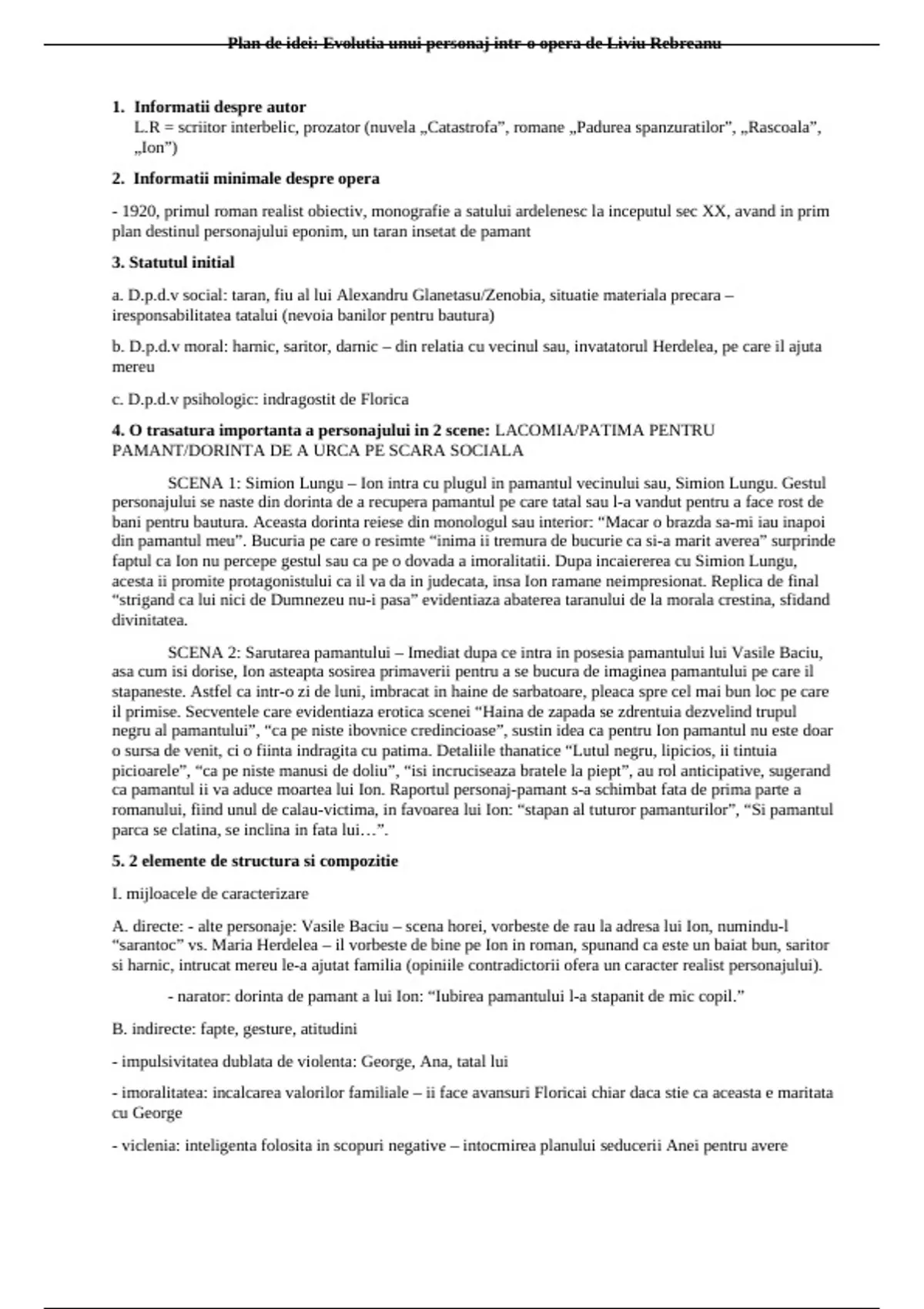 Summary Plan de idei: Caracterizarea lui Ion in romanul Ion de Liviu ...