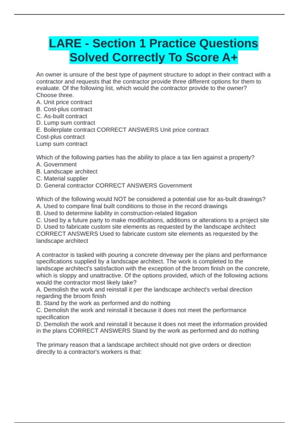 LARE - Section 1 Practice Questions Solved Correctly To Score A+ - LARE ...