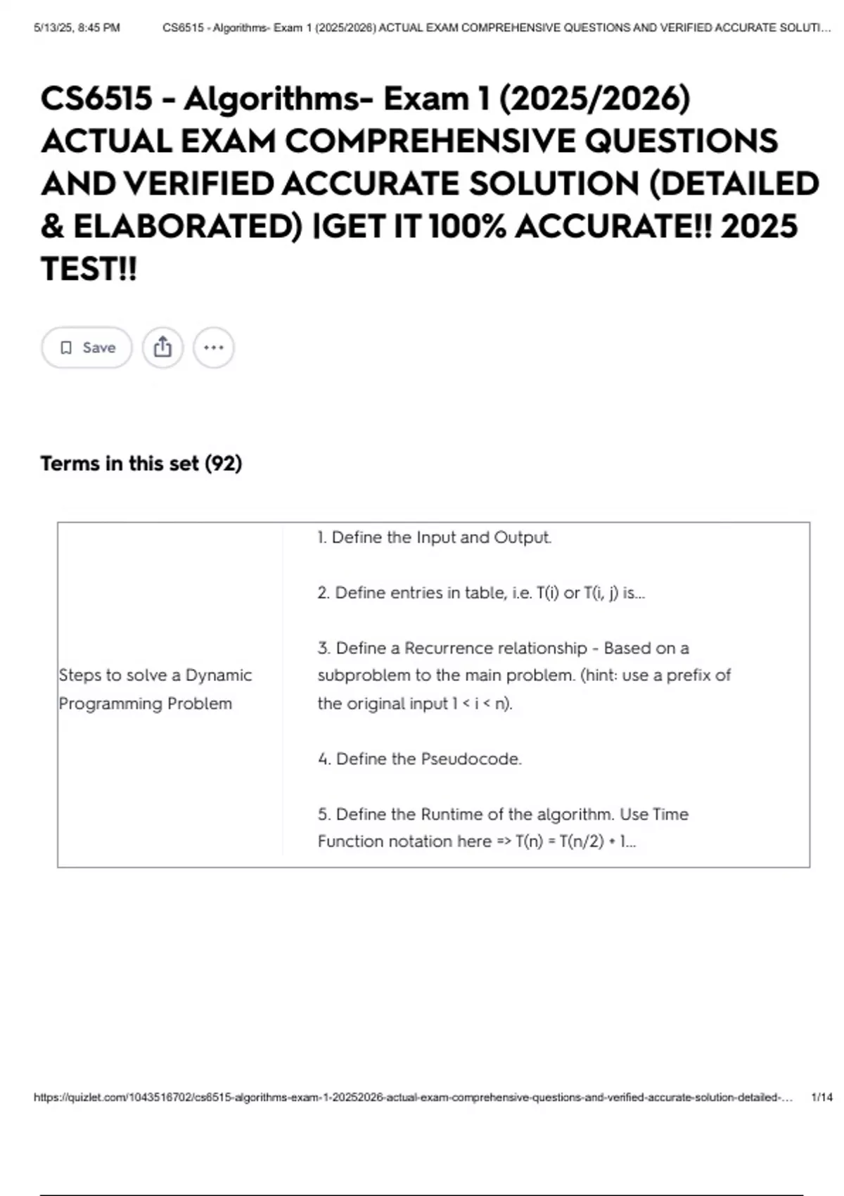 CS6515 - Algorithms- Exam 1 (2025/2026) ACTUAL EXAM COMPREHENSIVE QUESTIONS AND VERIFIED ...