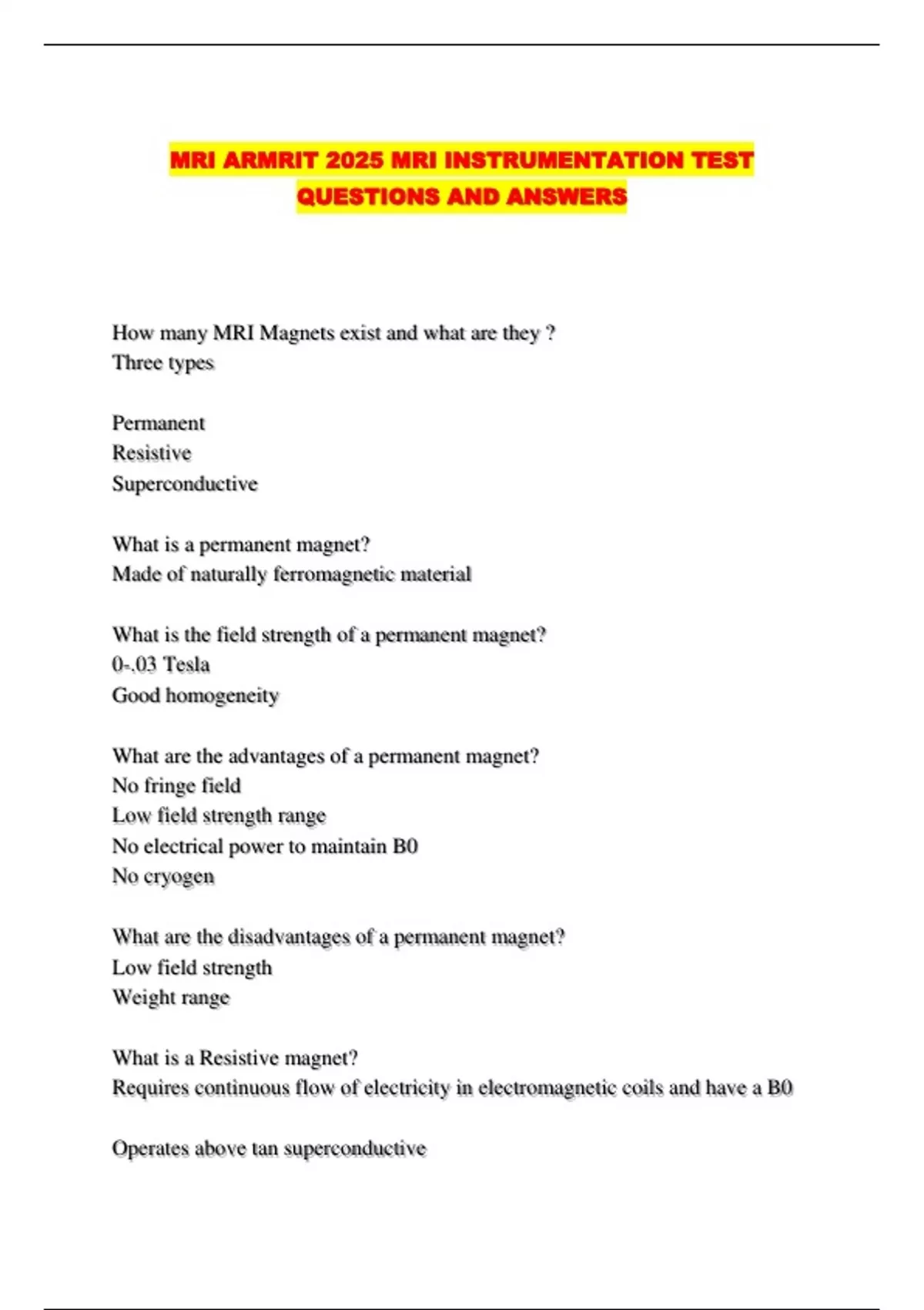 MRI ARMRIT 2025 MRI INSTRUMENTATION TEST QUESTIONS AND ANSWERS - MRI ...