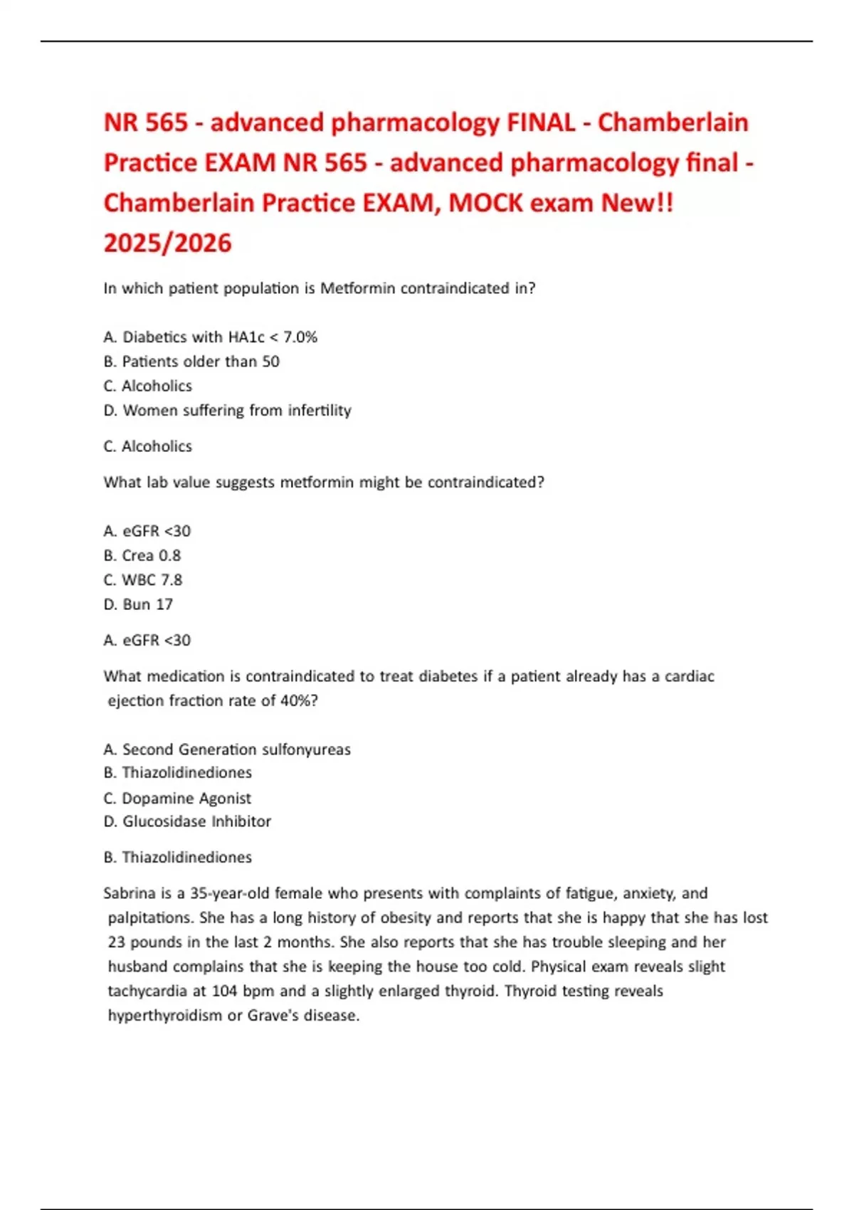 NR 565 - advanced pharmacology FINAL - Chamberlain Practice EXAM NR 565 ...