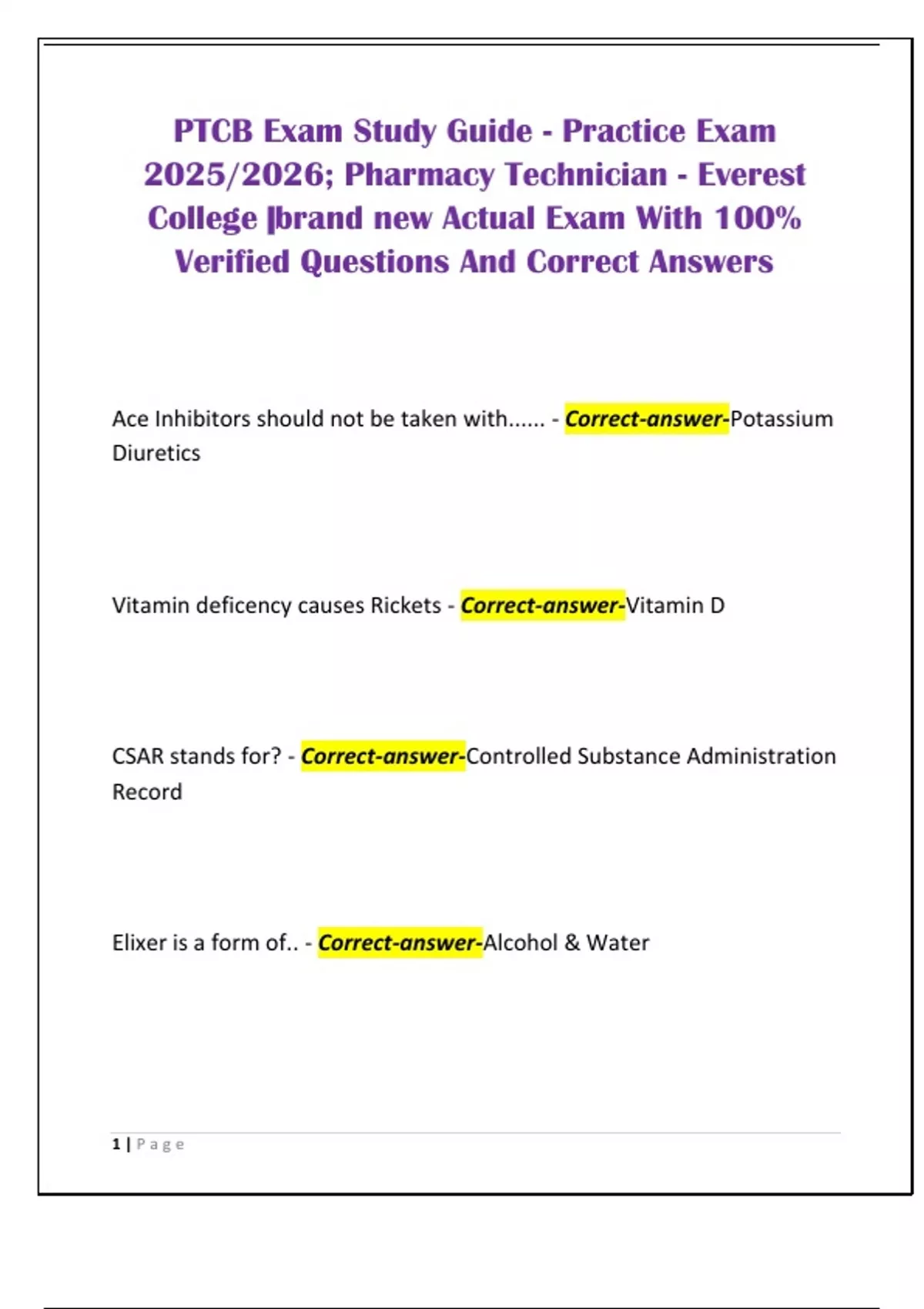 PTCB Exam Study Guide - Practice Exam 2025/2026; Pharmacy Technician - Everest College |brand ...