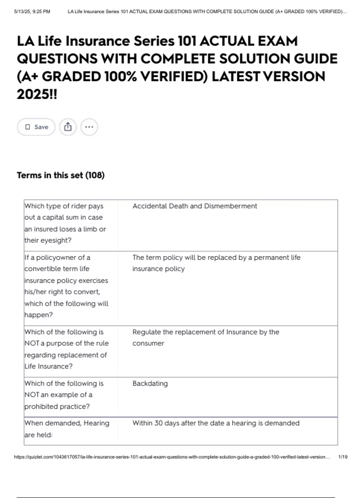 LA Life Insurance Series 101 ACTUAL EXAM QUESTIONS WITH COMPLETE ...