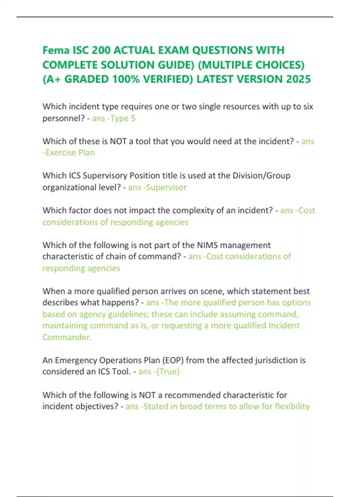 Fema ISC 200 ACTUAL EXAM QUESTIONS WITH COMPLETE SOLUTION GUIDE ...