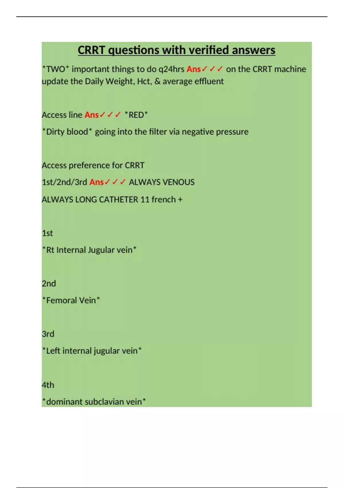 CRRT questions with verified answer1 - RN- Nursing - Stuvia US