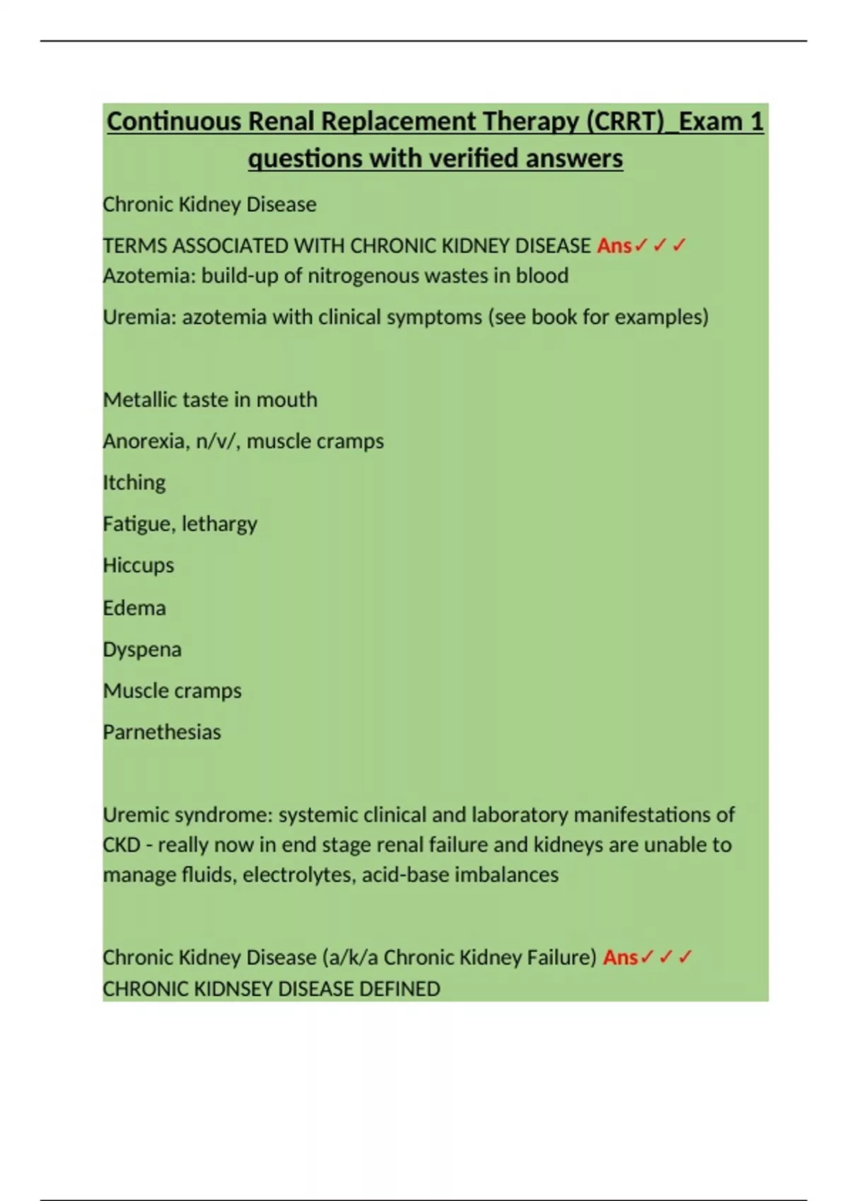 Continuous Renal Replacement Therapy (CRRT)_Exam 1 questions with ...