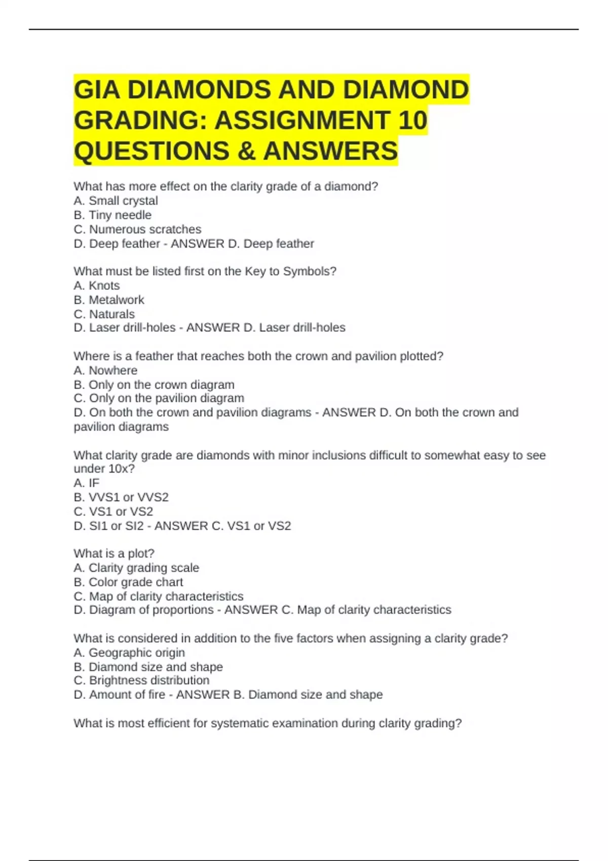 GIA DIAMONDS AND DIAMOND GRADING: ASSIGNMENT 10 QUESTIONS & ANSWERS ...