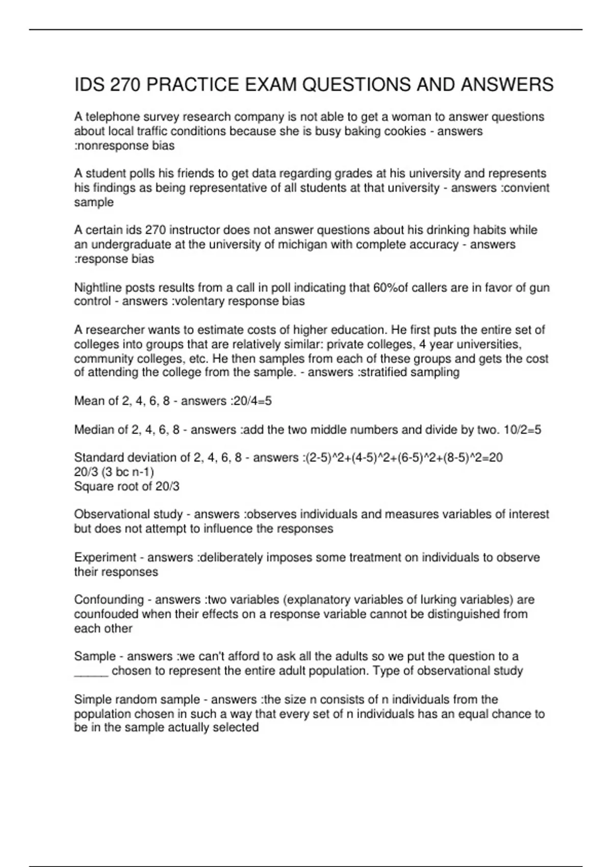 IDS 270 PRACTICE EXAM QUESTIONS AND ANSWERS - IDS 270 - Stuvia US