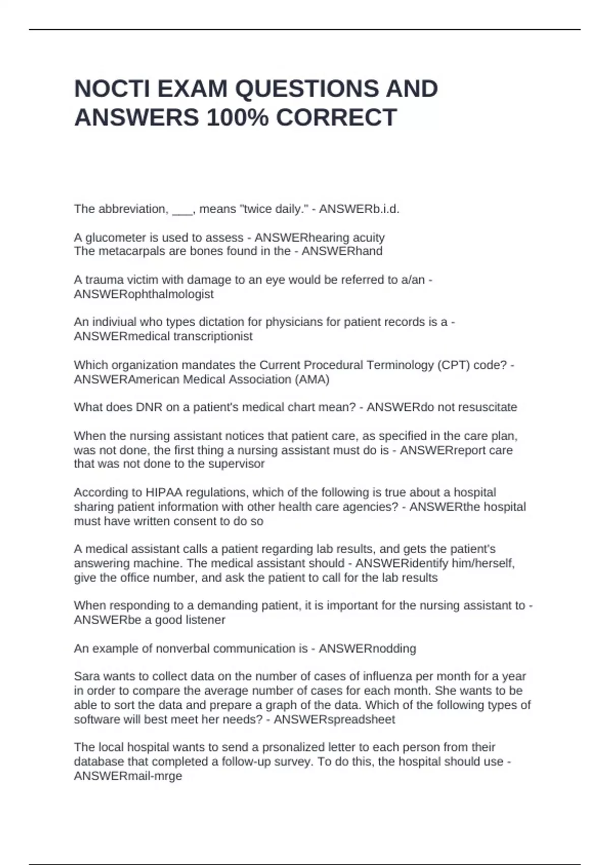 NOCTI EXAM QUESTIONS AND ANSWERS 100% CORRECT - NOCTI - Stuvia US