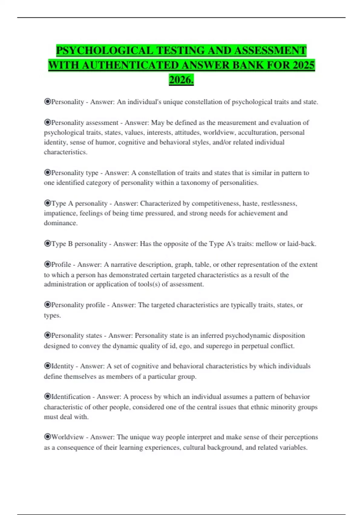 PSYCHOLOGICAL TESTING AND ASSESSMENT WITH AUTHENTICATED ANSWER BANK FOR ...