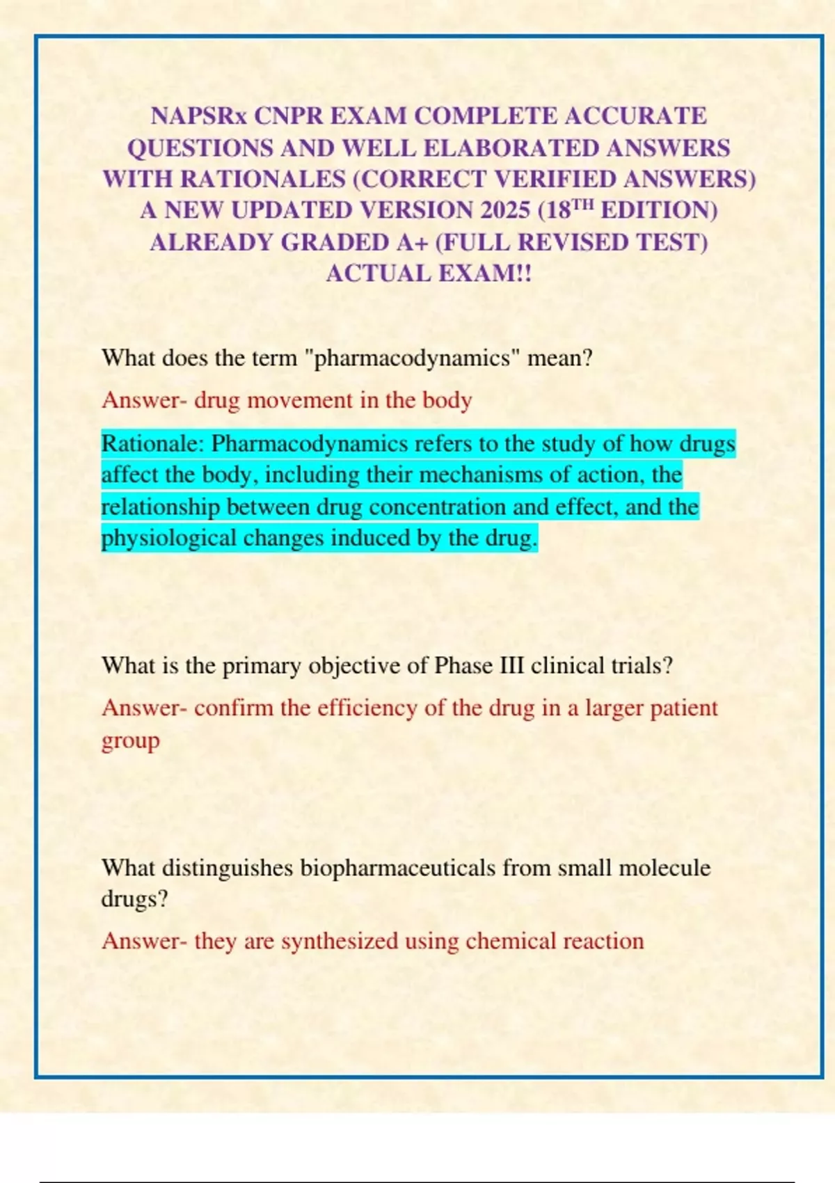 NAPSRx CNPR EXAM COMPLETE ACCURATE QUESTIONS AND WELL ELABORATED ...