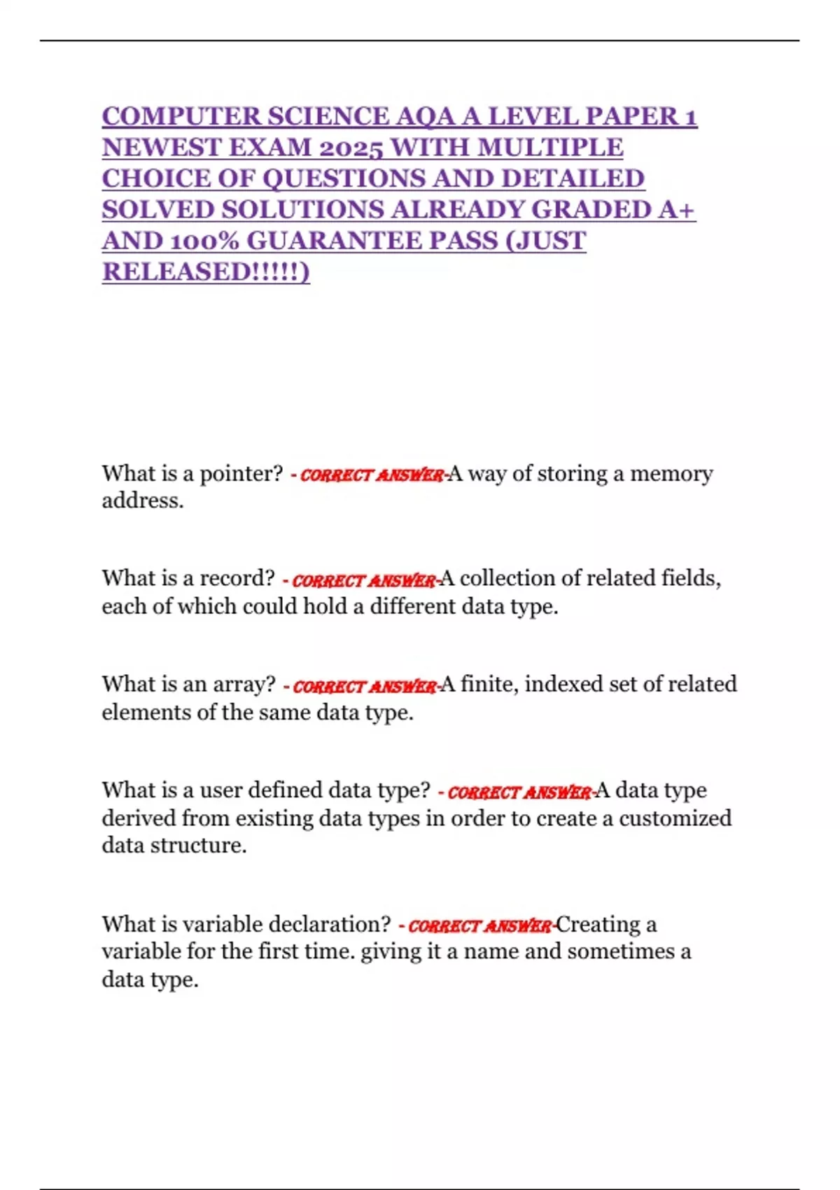 COMPUTER SCIENCE AQA A LEVEL PAPER 1 NEWEST EXAM 2025 WITH MULTIPLE CHOICE OF QUESTIONS AND ...