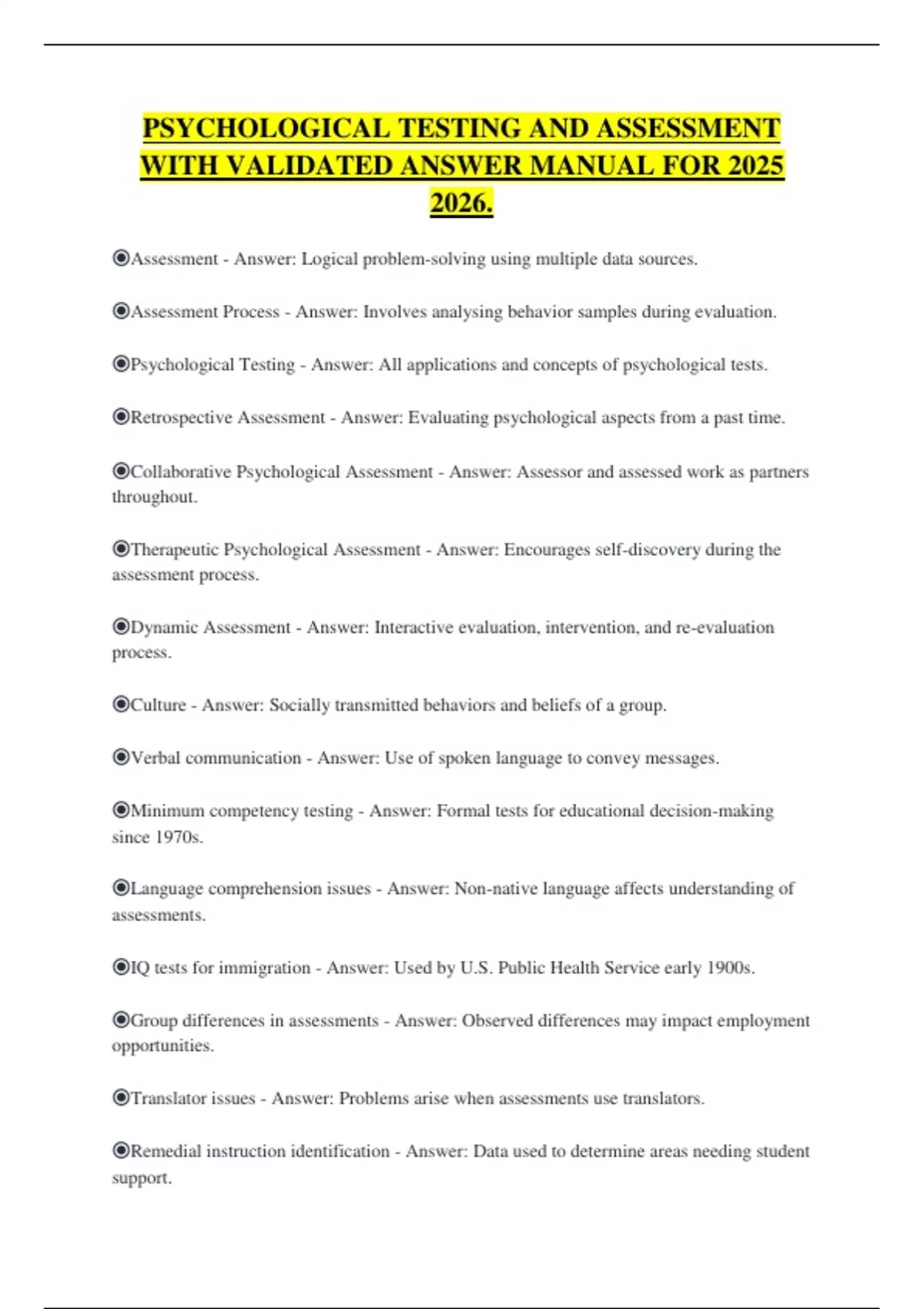 PSYCHOLOGICAL TESTING AND ASSESSMENT WITH VALIDATED ANSWER MANUAL FOR ...