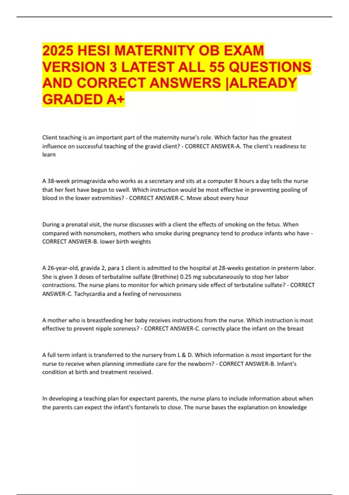 2025 HESI Maternity OB Exam – Version 3 – All 55 Questions with Correct ...