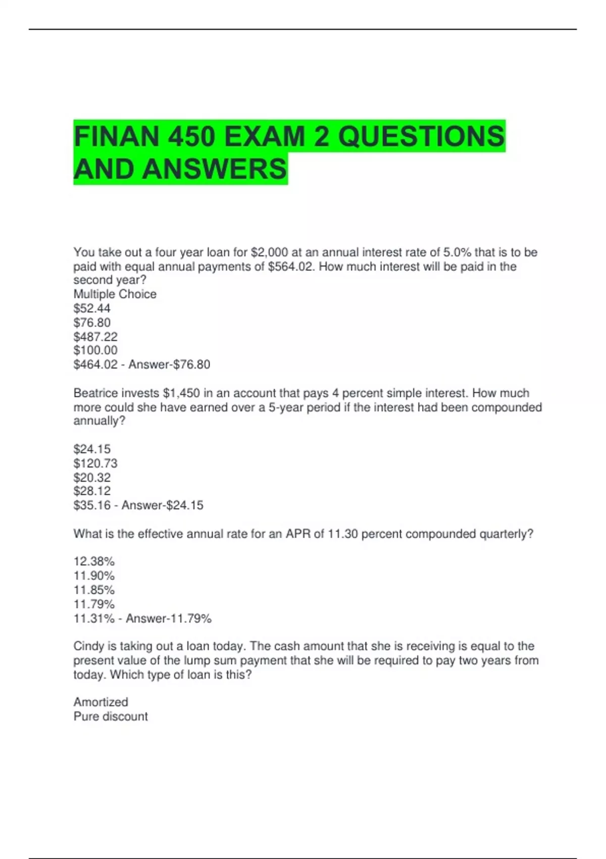FINAN 450 EXAM 2 QUESTIONS AND ANSWERS - FINAN 450 - Stuvia US