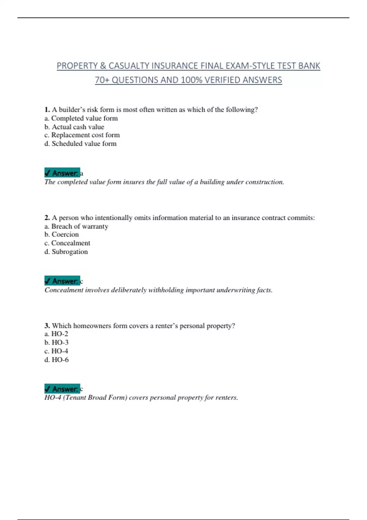Property & Casualty Insurance Final Exam Prep – 70+ MCQs with 100% ...