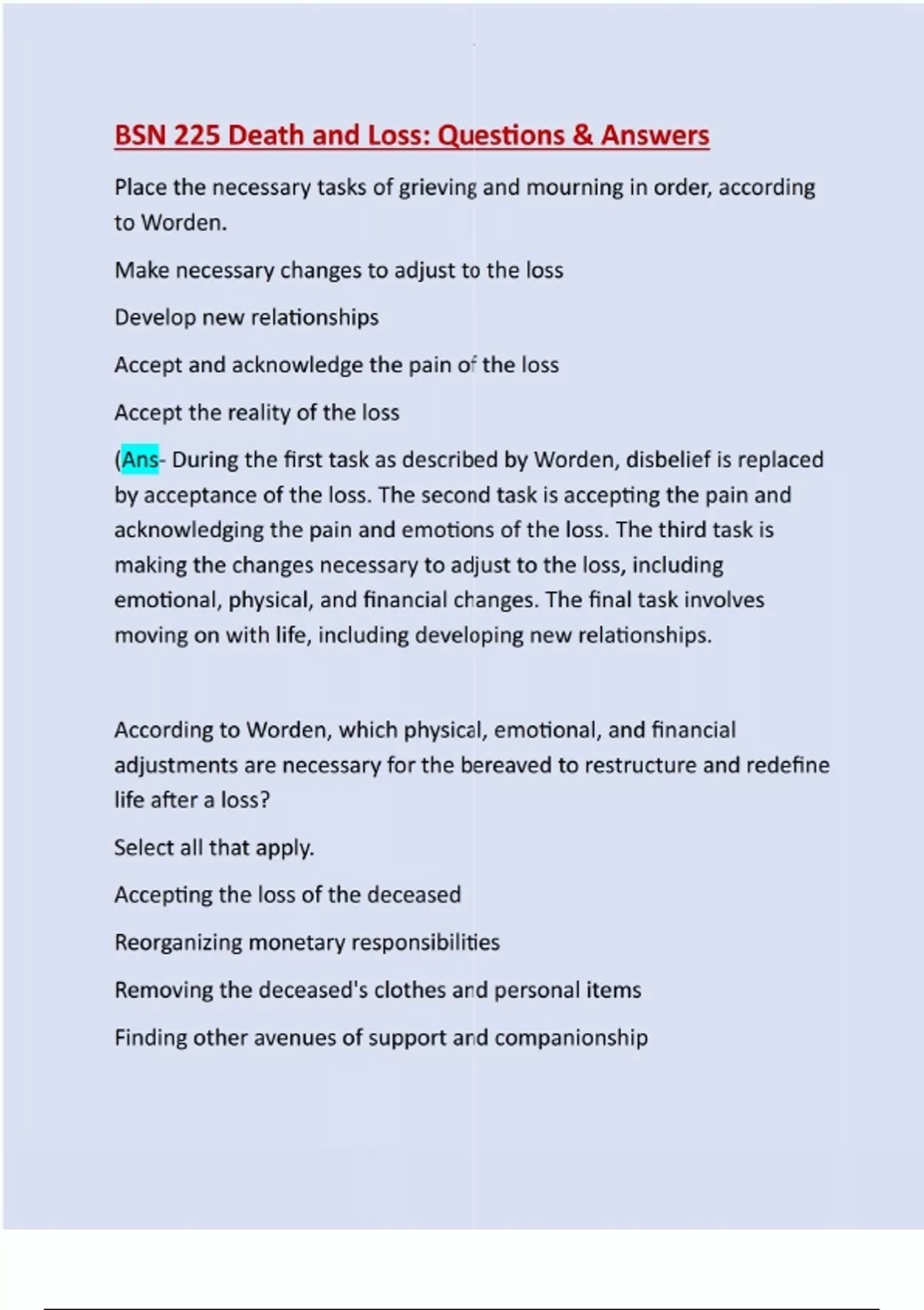 BSN 225 Death and Loss Exam : Questions & Answers: Latest Updated ...