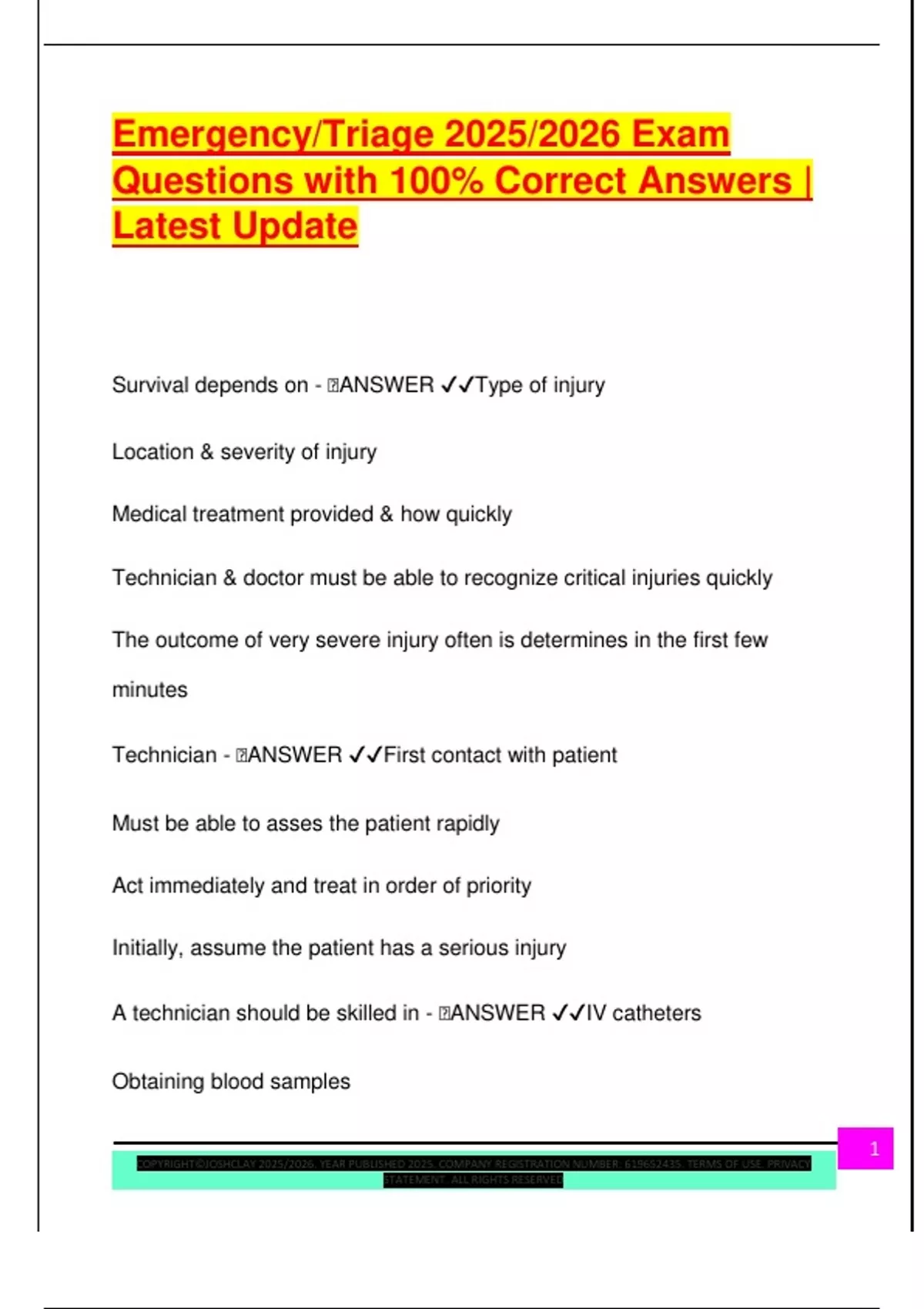 Emergency/Triage 2025/2026 Exam Questions with 100% Correct Answers ...
