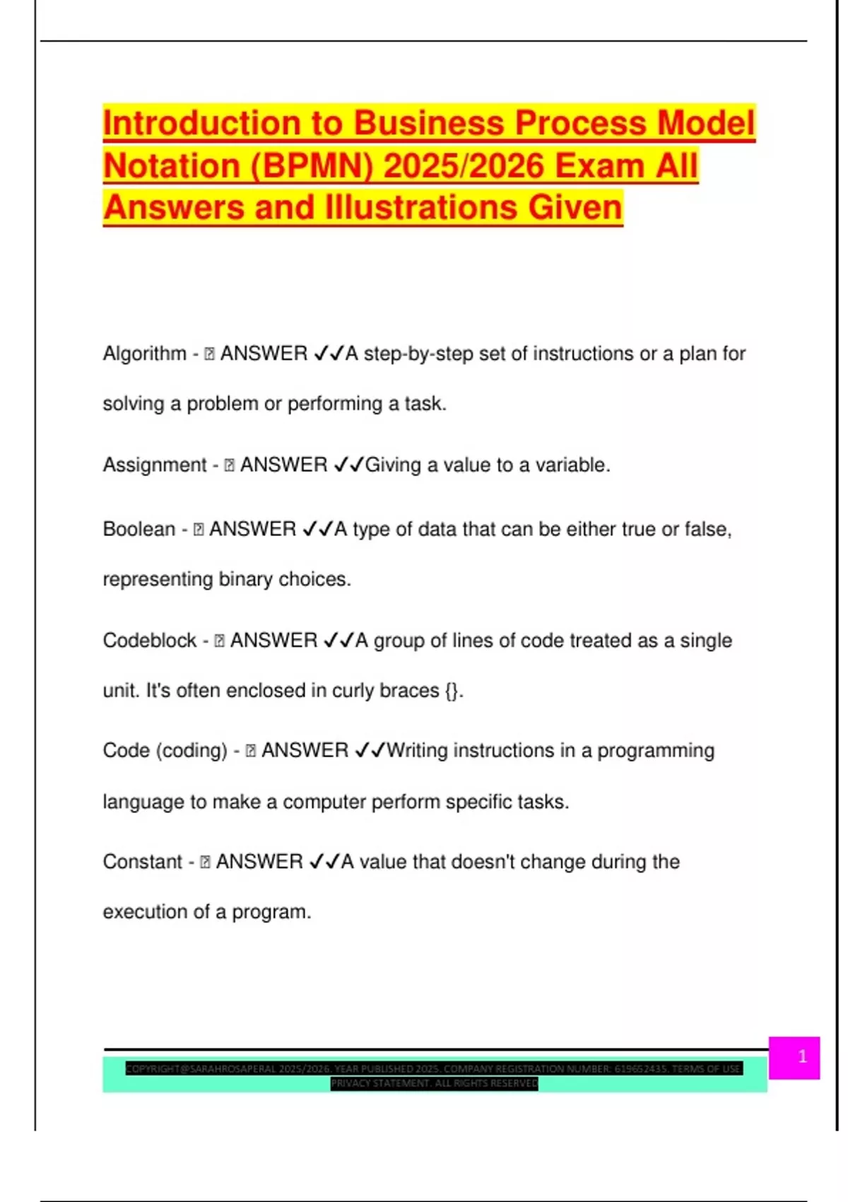 Introduction to Business Process Model Notation (BPMN) 2025/2026 Exam All Answers and ...