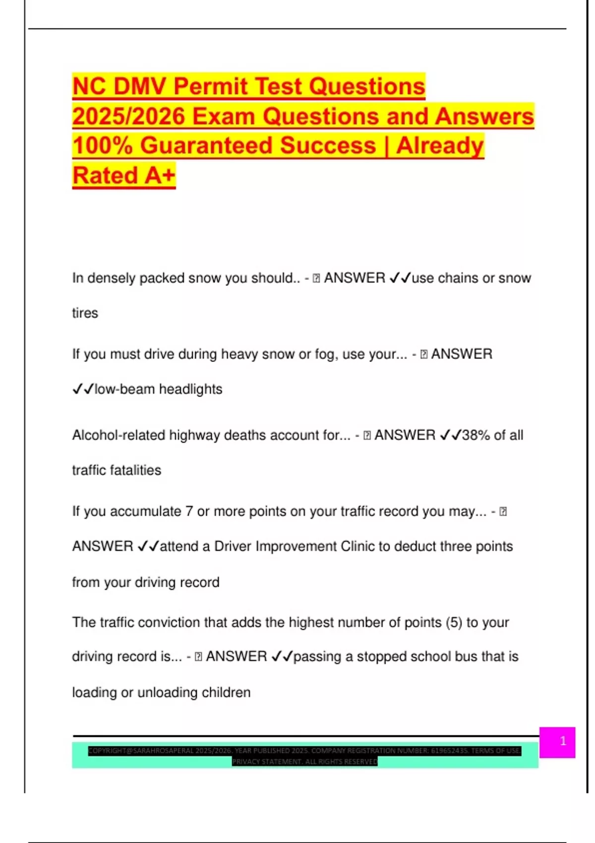 NC DMV Permit Test Questions 2025/2026 Exam Questions and Answers 100% ...