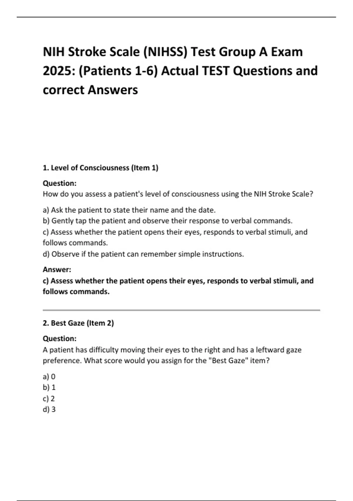 NIH Stroke Scale (NIHSS) Test Group A Exam 2025: (Patients 1-6) Actual ...