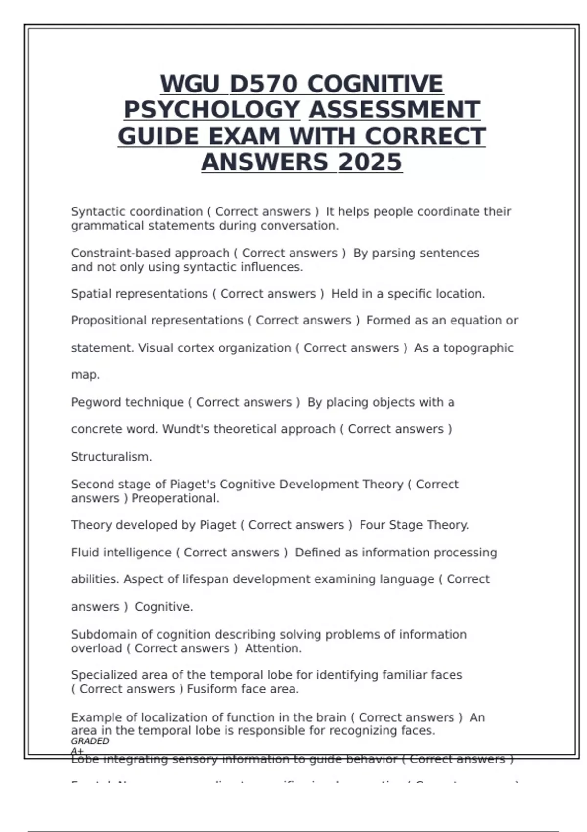 WGU D570 COGNITIVE PSYCHOLOGY ASSESSMENT GUIDE EXAM WITH CORRECT ...