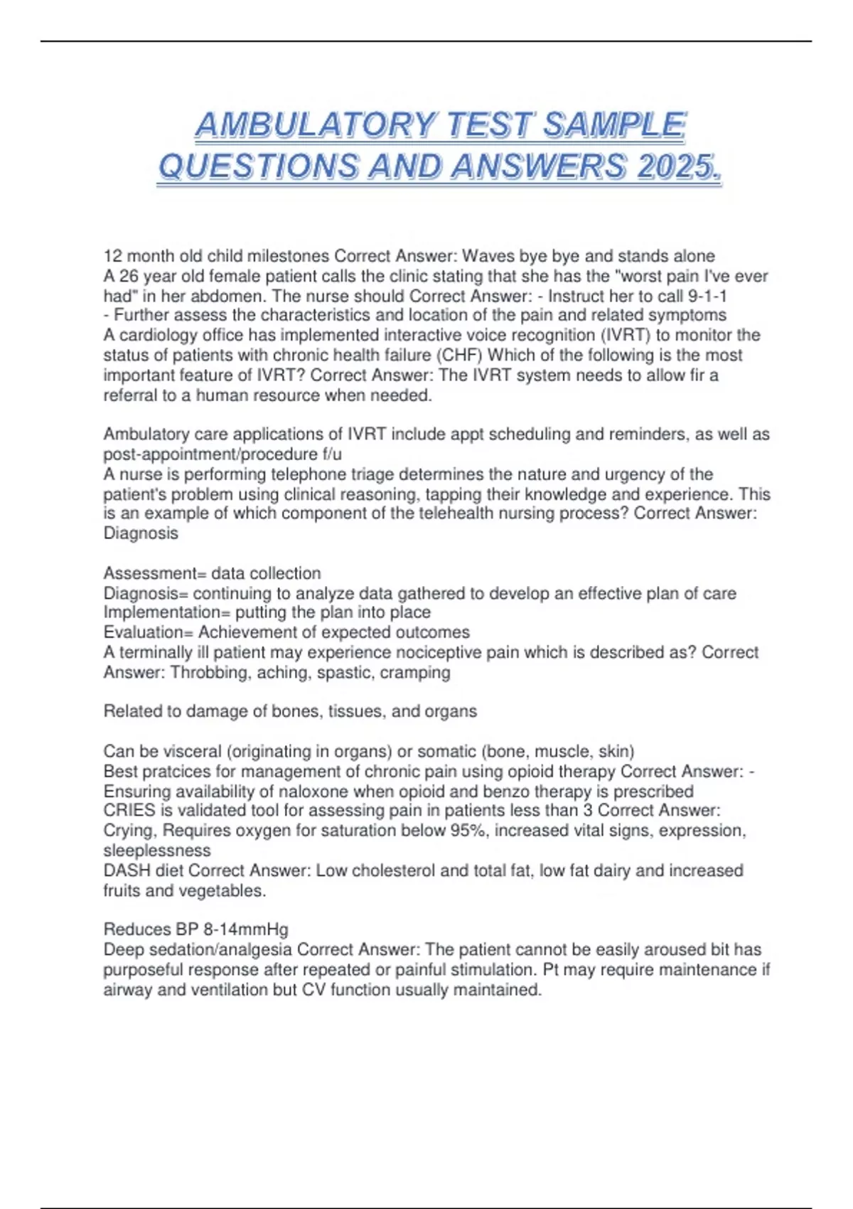 AMBULATORY TEST SAMPLE QUESTIONS AND ANSWERS 2025. - UPPER - Stuvia US