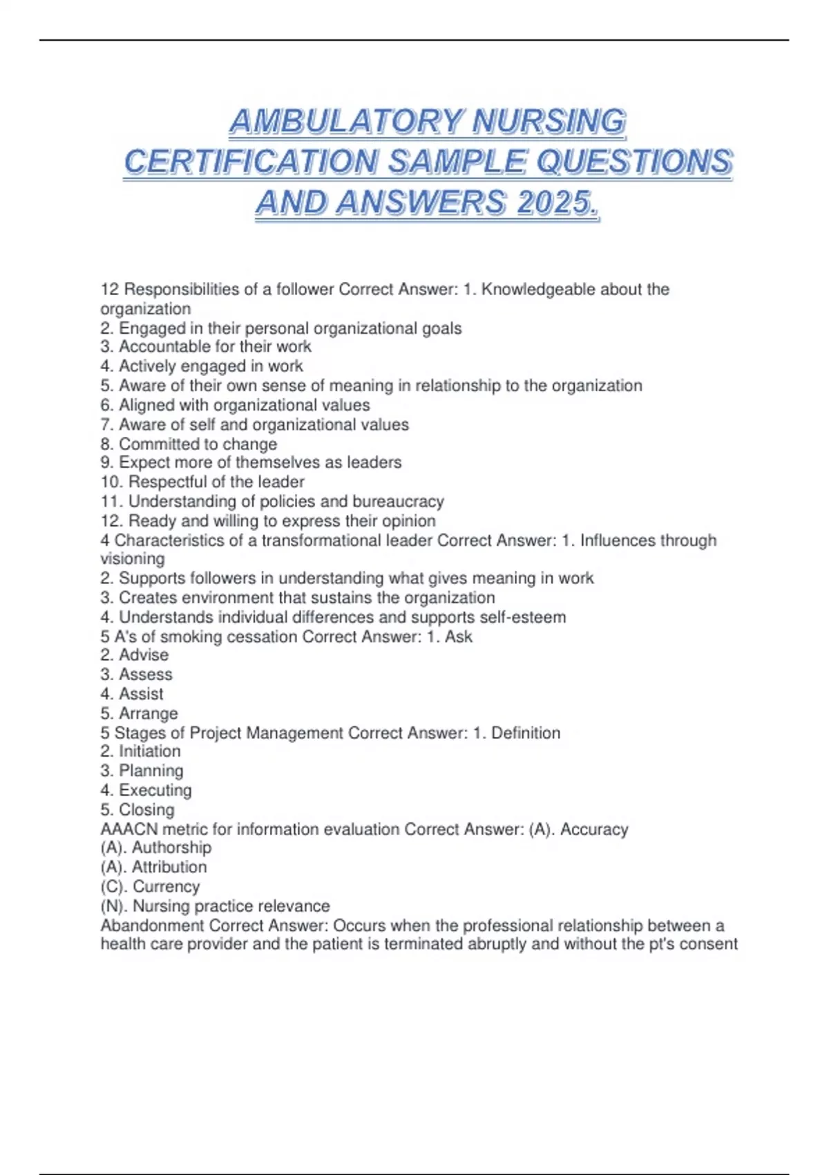 AMBULATORY NURSING CERTIFICATION SAMPLE QUESTIONS AND ANSWERS 2025 ...