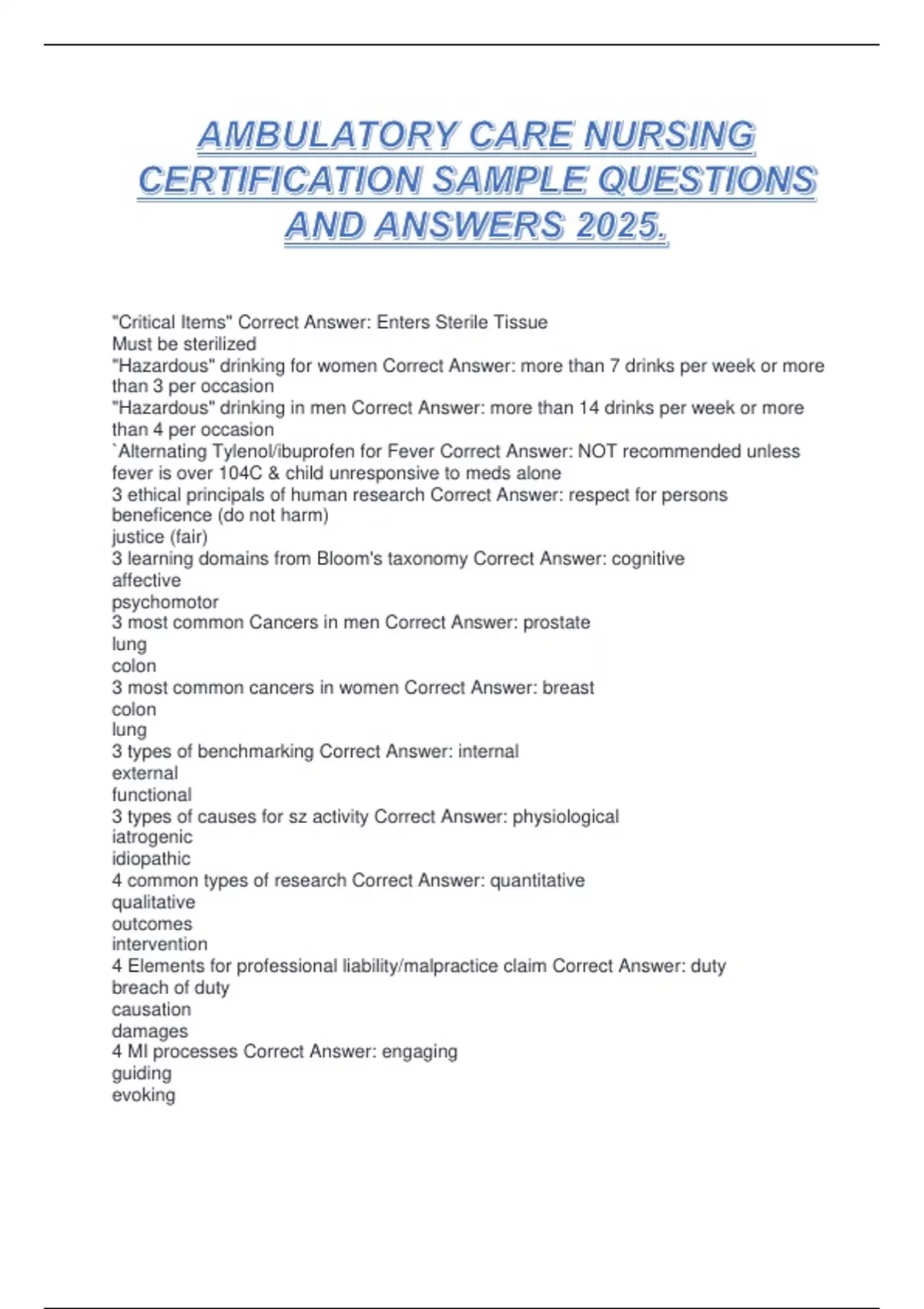 AMBULATORY CARE NURSING CERTIFICATION SAMPLE QUESTIONS AND ANSWERS 2025 ...