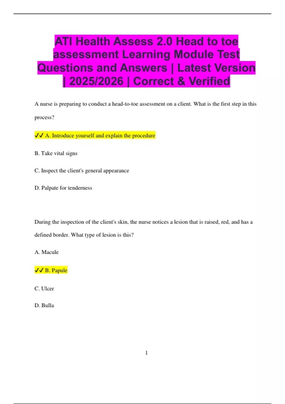 ATI Health Assess 2.0 Head to toe assessment Learning Module Test ...