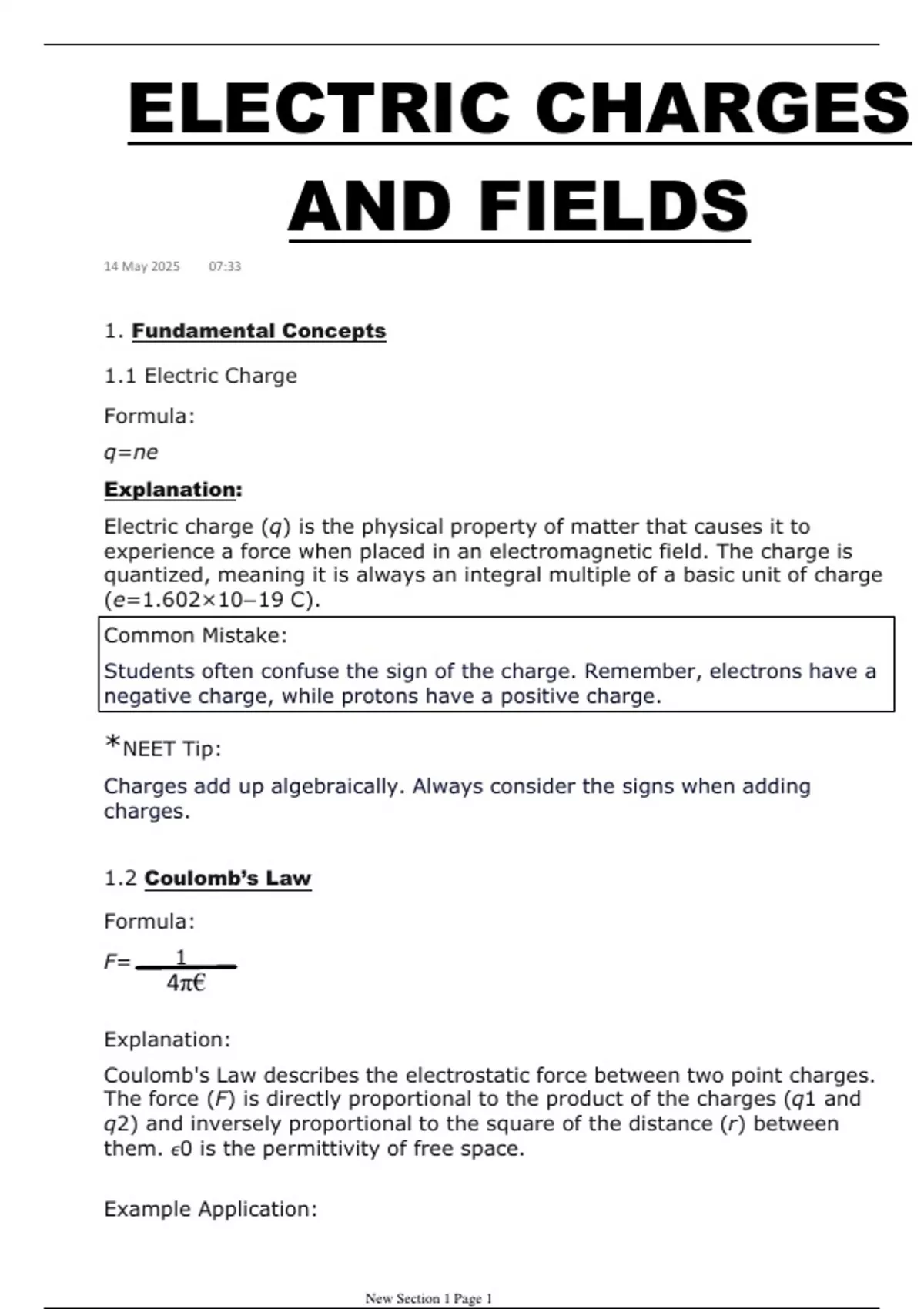 short summary for neet and board exams of class 12 on chapter Electric Charges and fields ...