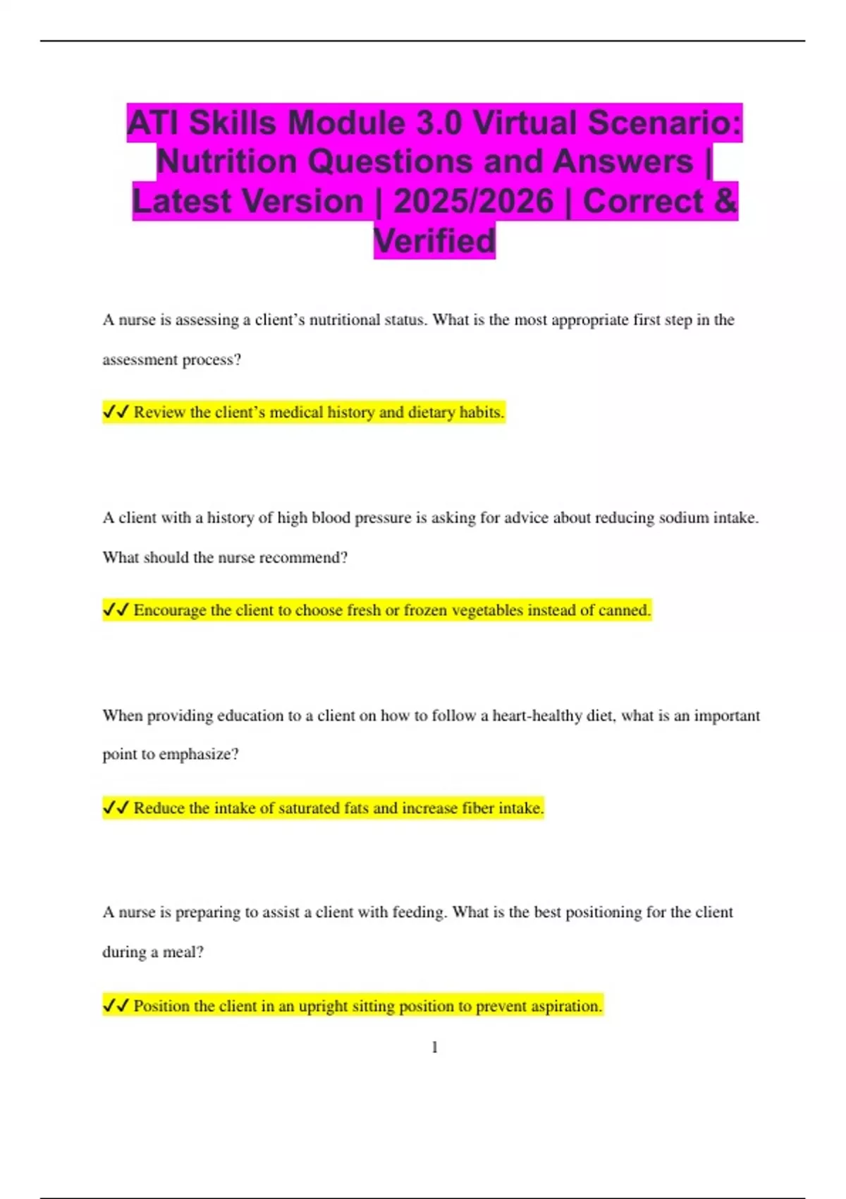 ATI Skills Module 3.0 Virtual Scenario: Nutrition Questions and Answers ...