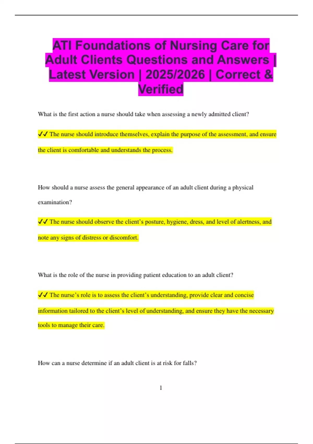 ATI Foundations of Nursing Care for Adult Clients Questions and Answers ...